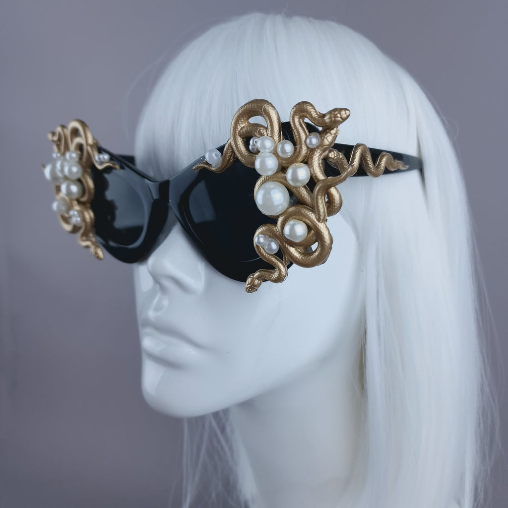 "Medusa" Gold & Pearl Snake Black Sunglasses – Pearls & Swine