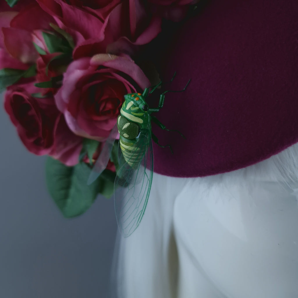 "Lyra" Pink Rose, Butterfly & Insect Flower Fascinator Hat – Pearls & Swine