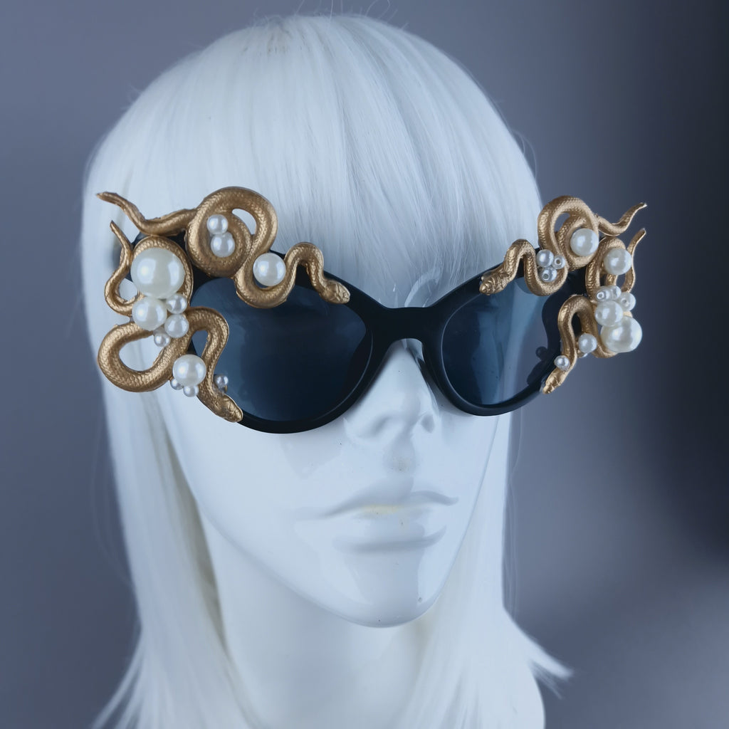 "Ethelinda" Gold & Pearl Snake Black Sunglasses – Pearls & Swine