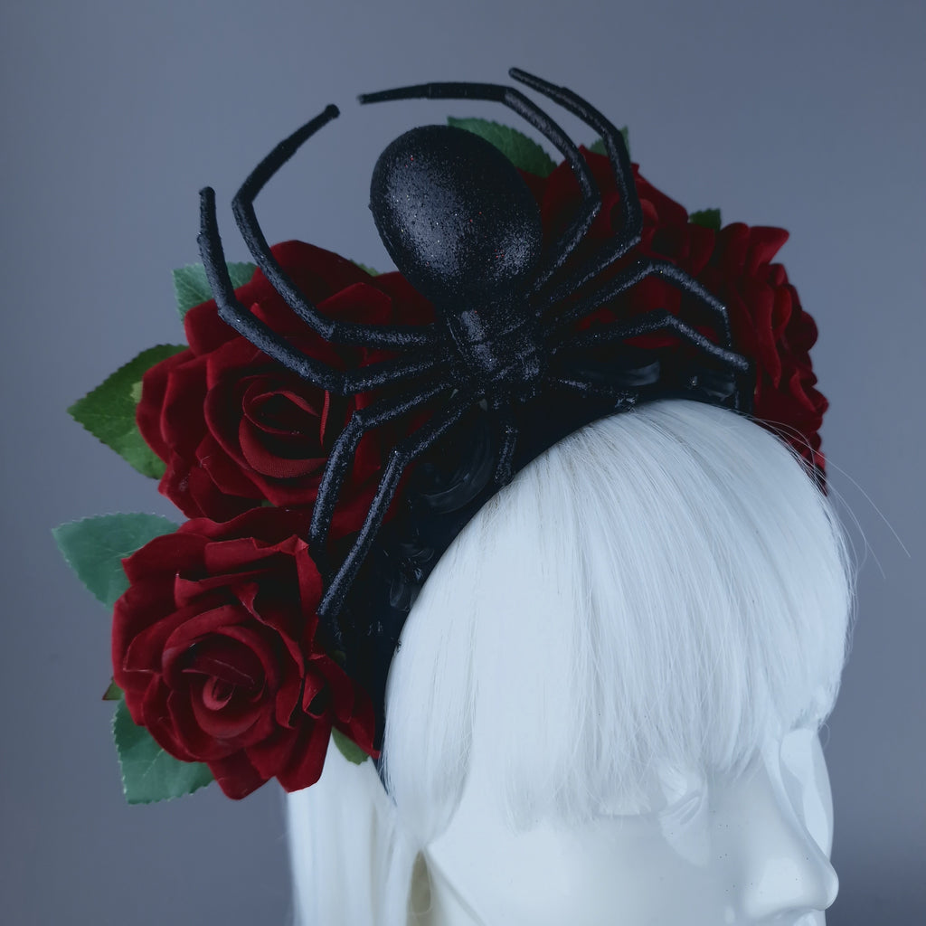 "Lolth" Black Glitter Spider, Filigree & Rose Headdress – Pearls & Swine