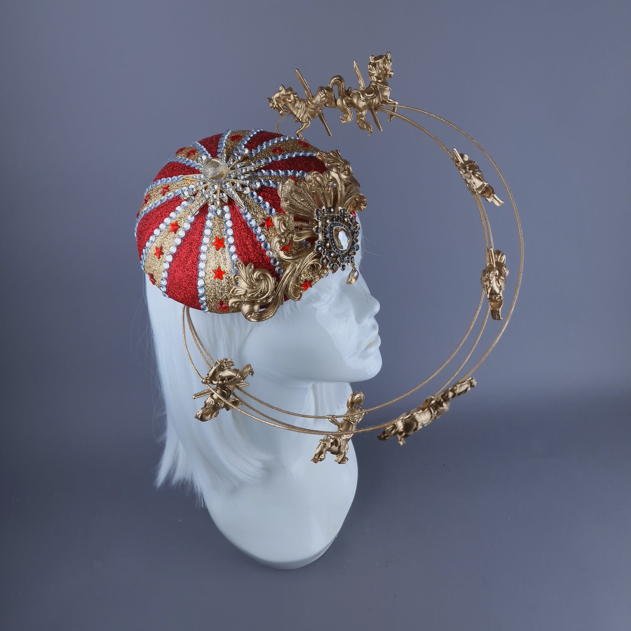 "Cirque Forever" Gold & Red Circus Carousel Wired Veil Hat – Pearls & Swine