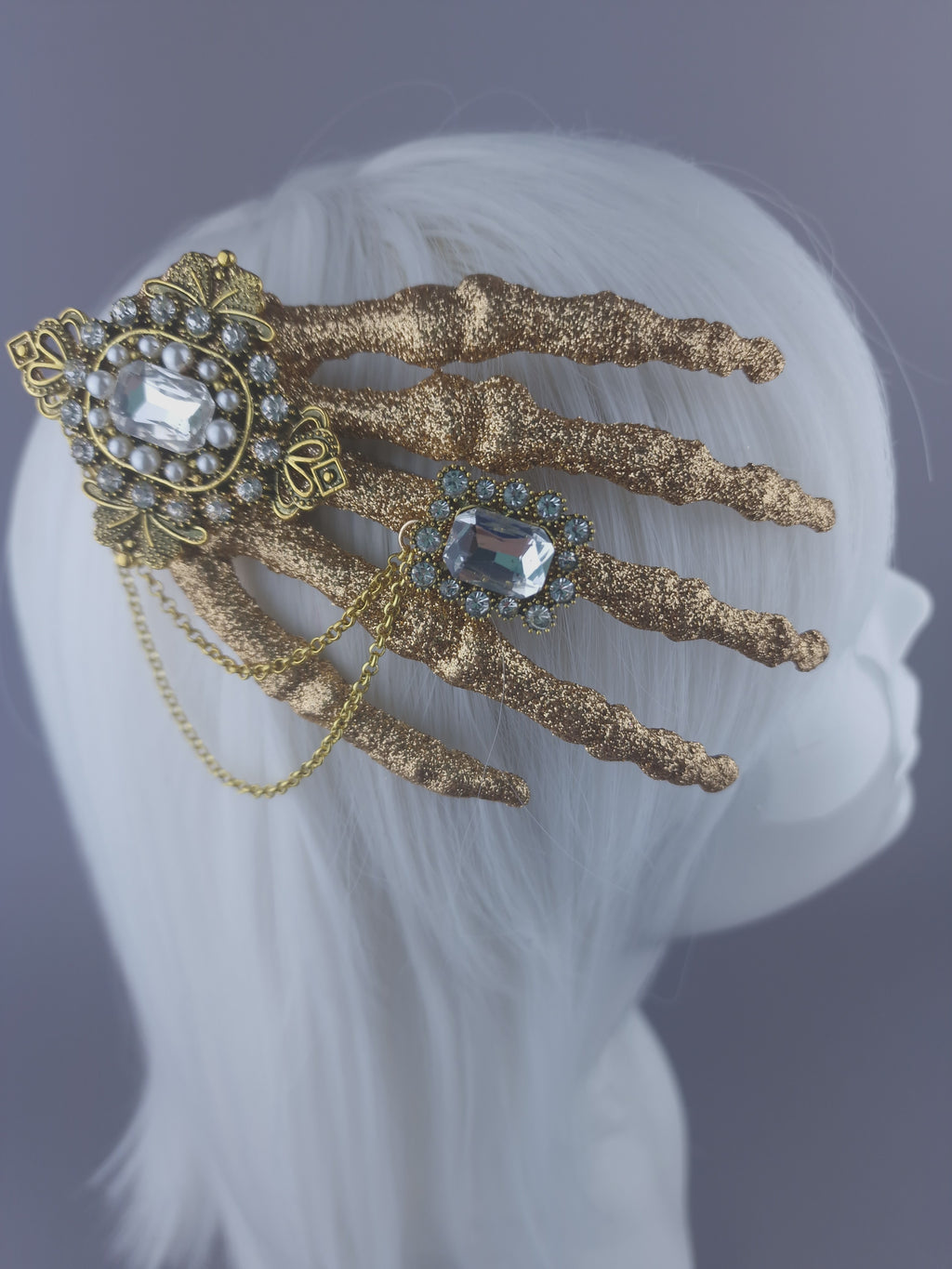 "Dust to Dust" Jewelled Glitter Skeleton Hand Mini Headpiece – Pearls ...