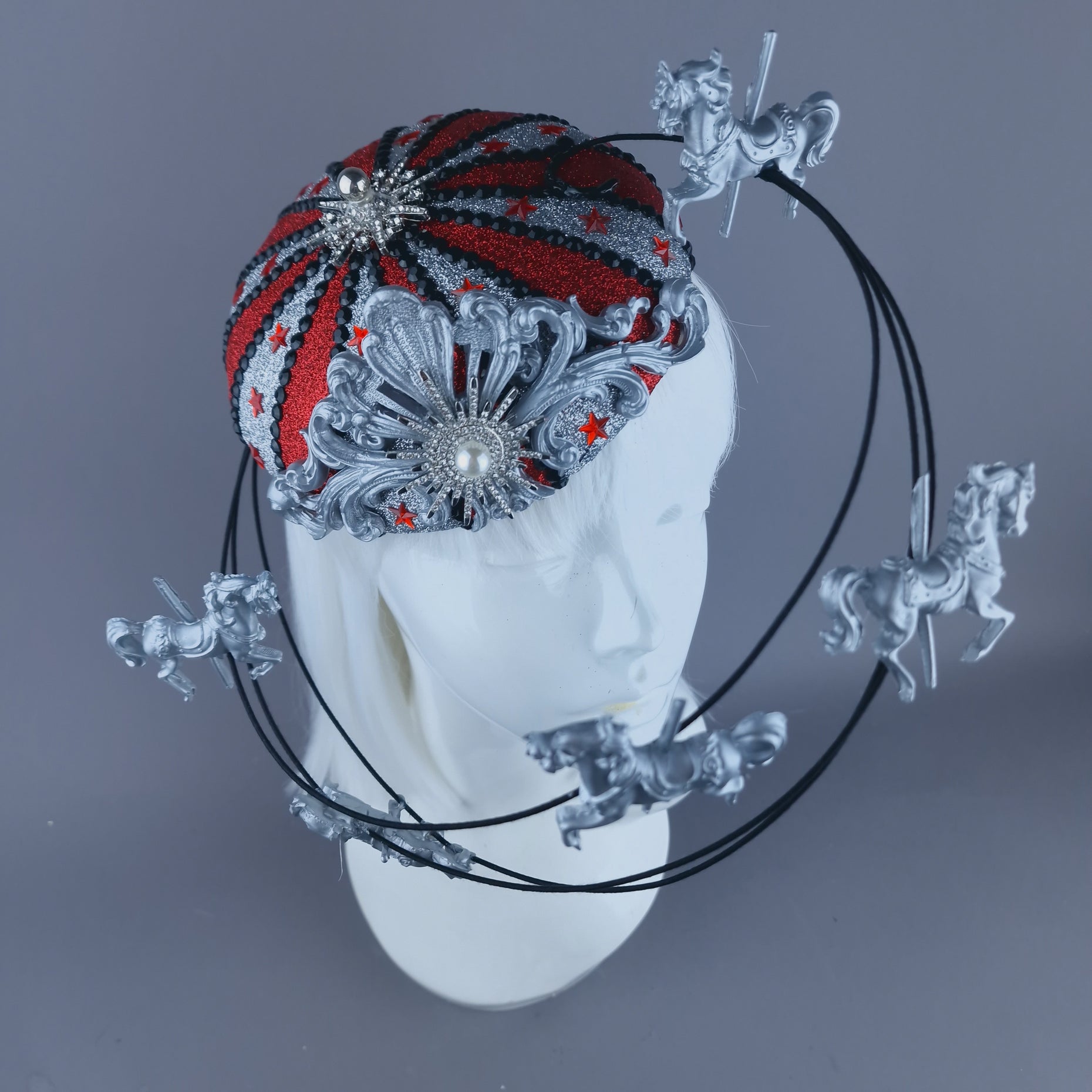 "Cirque Forever" Black, Silver & Red Circus Carousel Wired Veil Hat ...