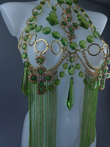 "Limelight" Green & Gold Jewel & Chain Harness – Pearls & Swine