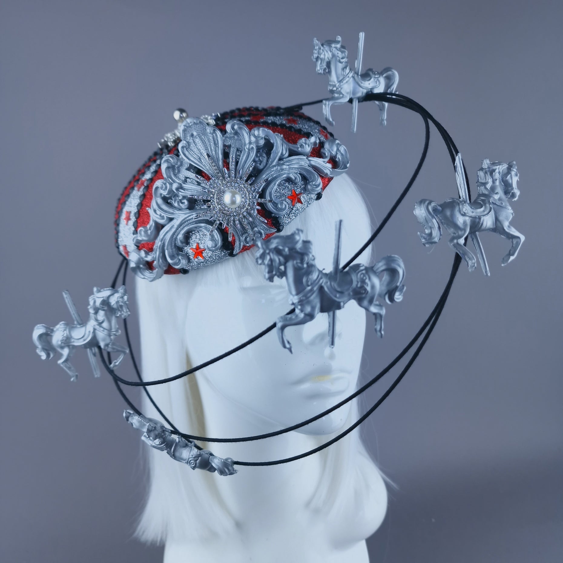 "Cirque Forever" Black, Silver & Red Circus Carousel Wired Veil Hat ...
