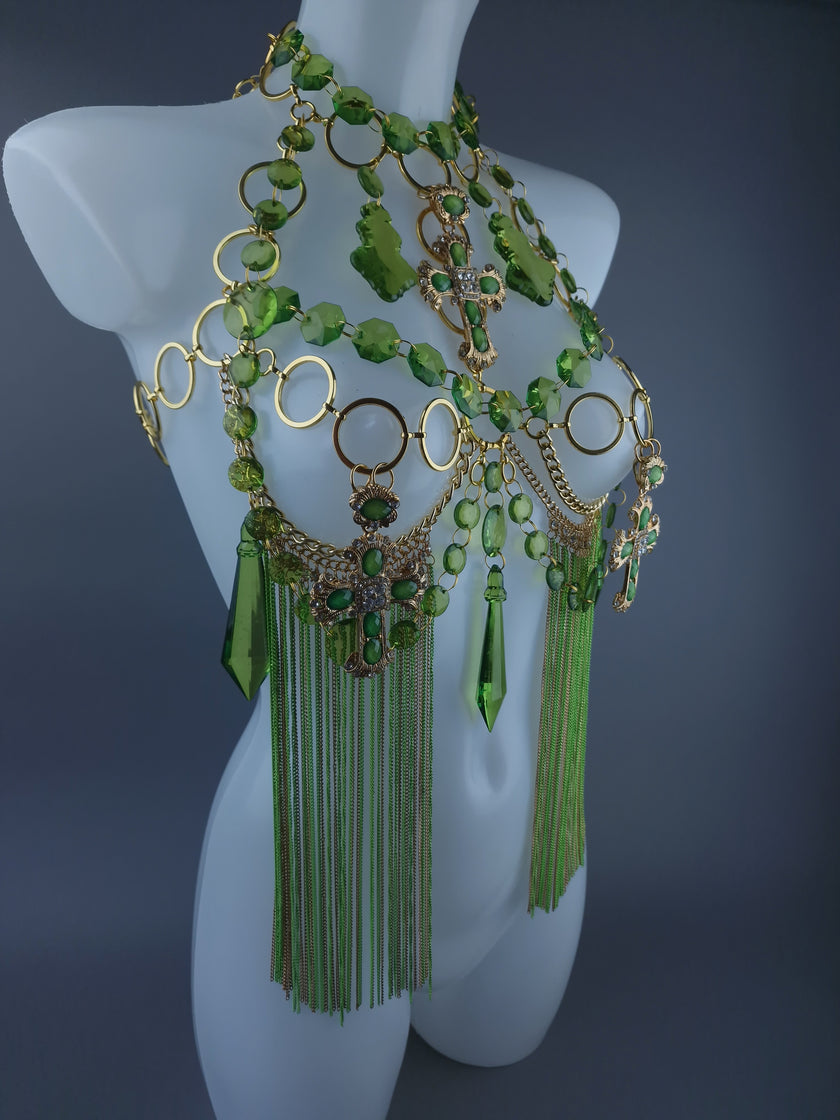 "Limelight" Green & Gold Jewel & Chain Harness – Pearls & Swine