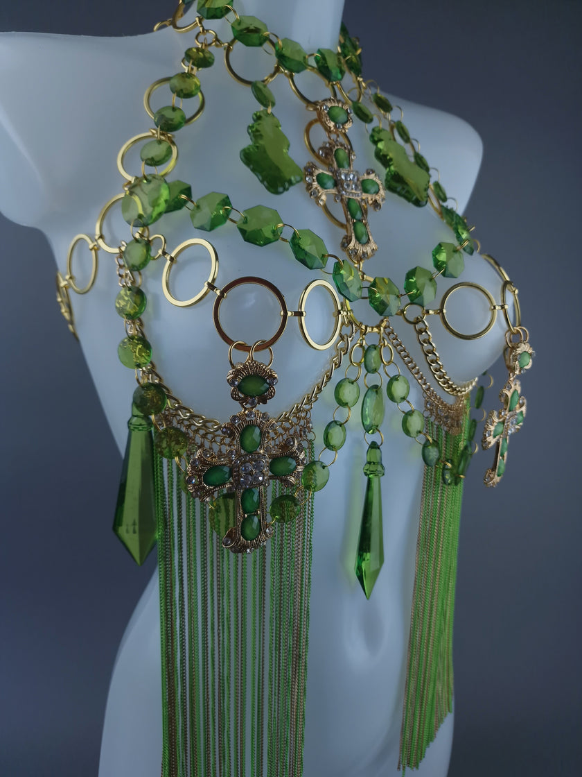 "Limelight" Green & Gold Jewel & Chain Harness – Pearls & Swine
