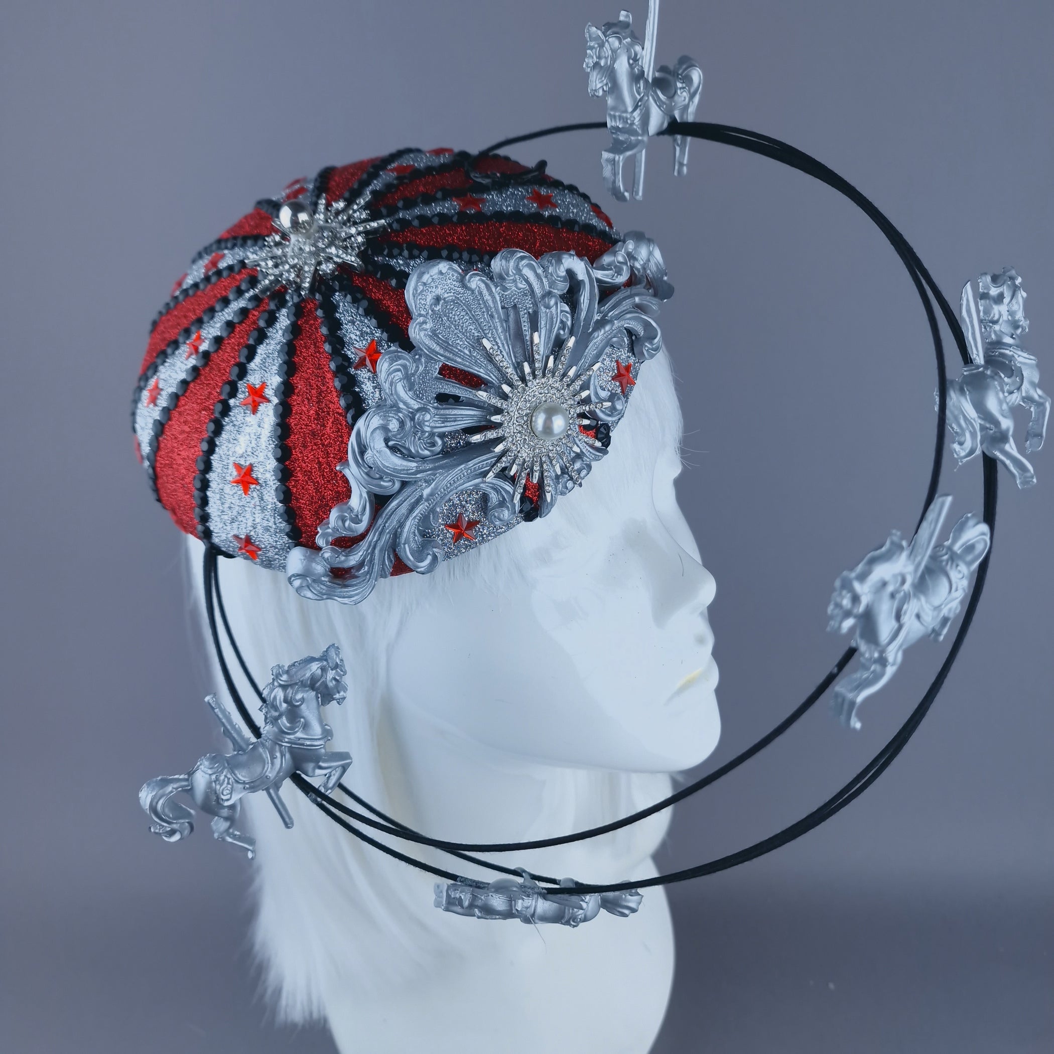 "Cirque Forever" Black, Silver & Red Circus Carousel Wired Veil Hat ...