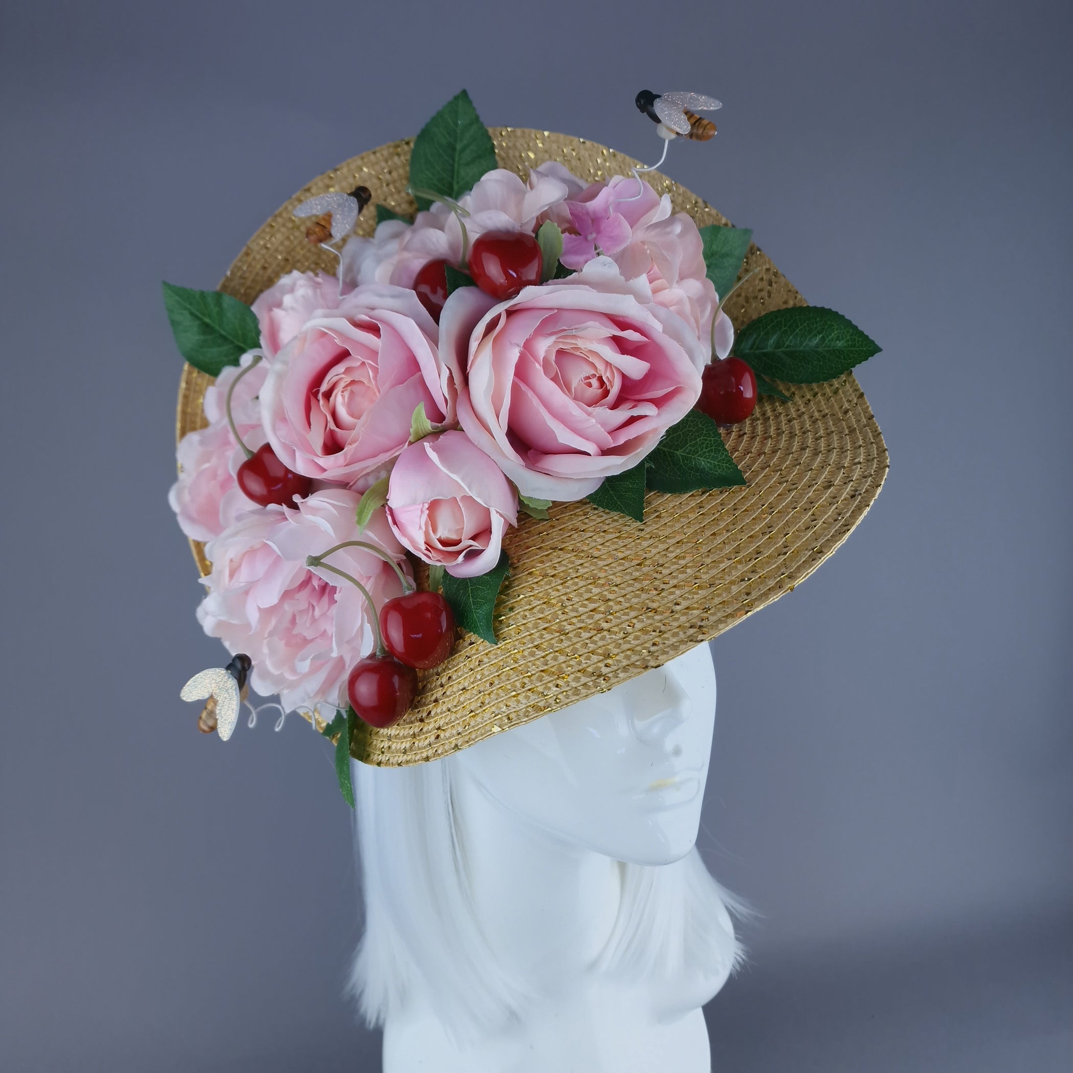"Daphne" Pink Rose & Cherry Fascinator Hat – Pearls & Swine