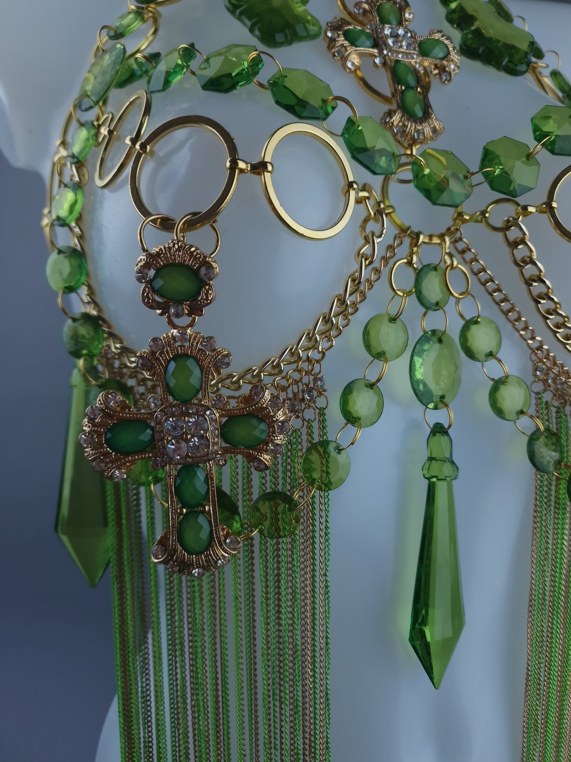 "Limelight" Green & Gold Jewel & Chain Harness – Pearls & Swine
