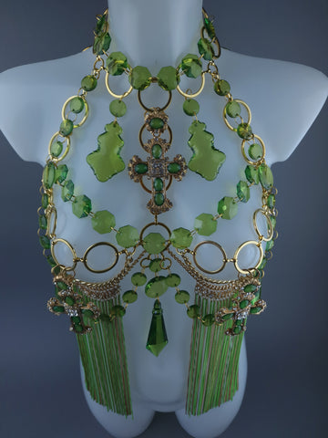 "Limelight" Green & Gold Jewel & Chain Harness – Pearls & Swine