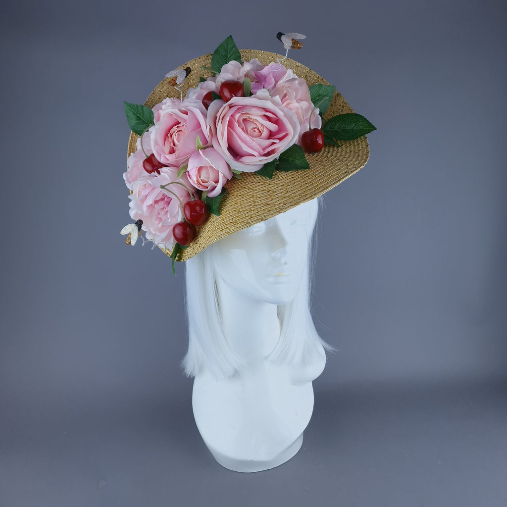 "Daphne" Pink Rose & Cherry Fascinator Hat – Pearls & Swine
