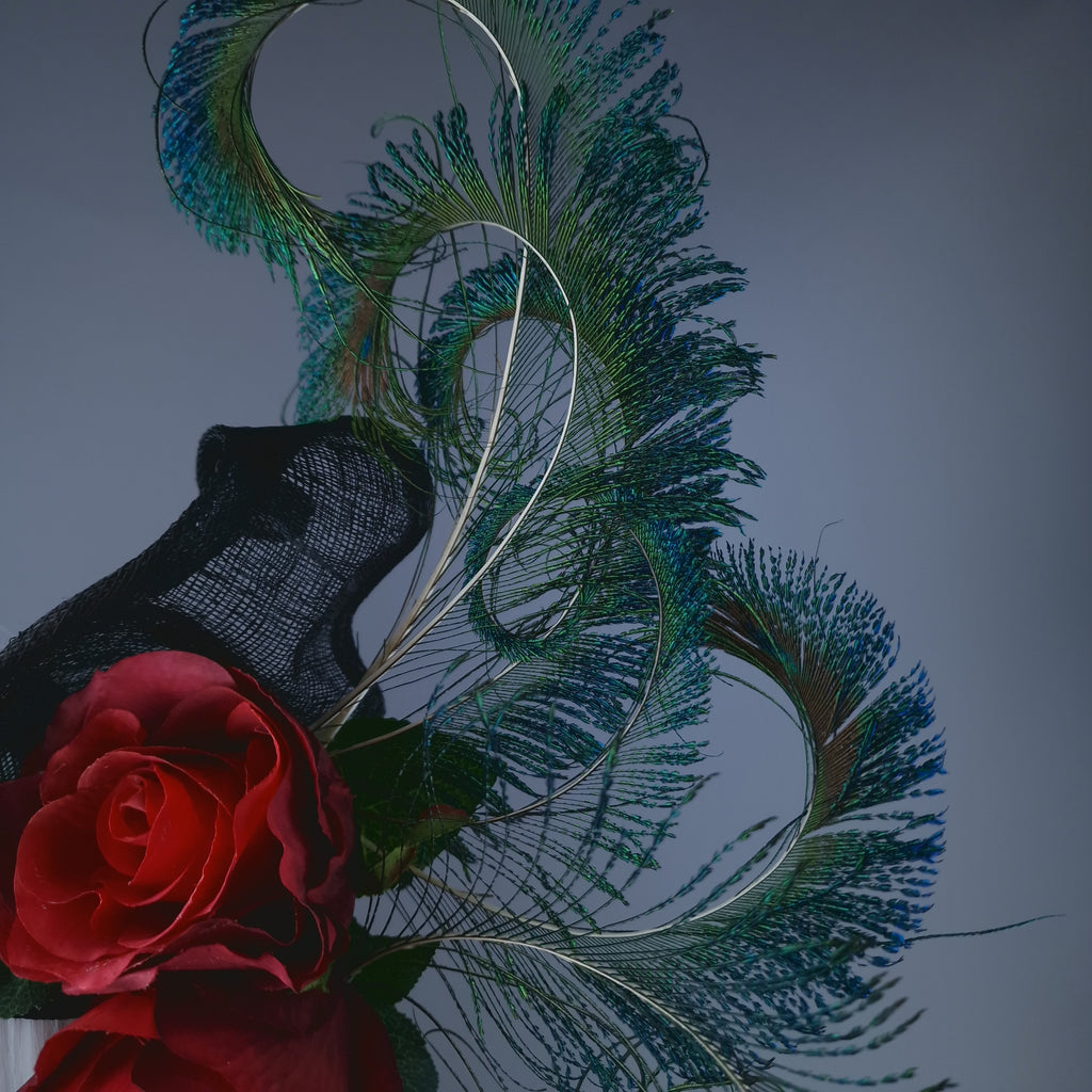 "Sass" Red Rose & Peacock Feather Headdress – Pearls & Swine