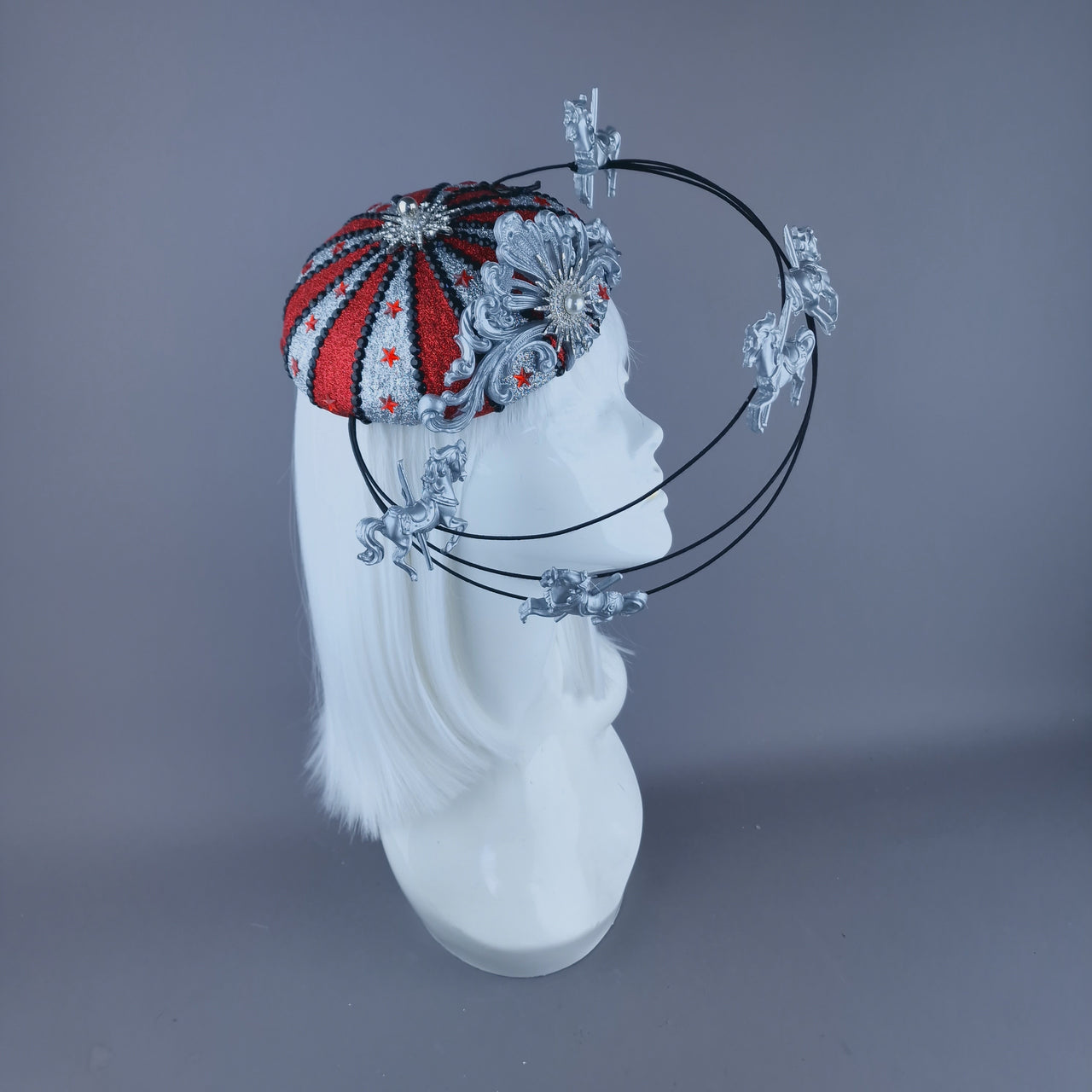 "Cirque Forever" Black, Silver & Red Circus Carousel Wired Veil Hat ...