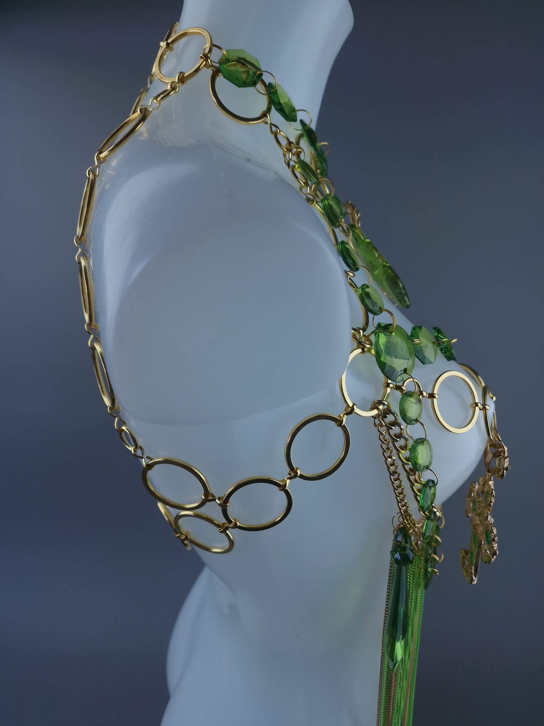 "Limelight" Green & Gold Jewel & Chain Harness – Pearls & Swine