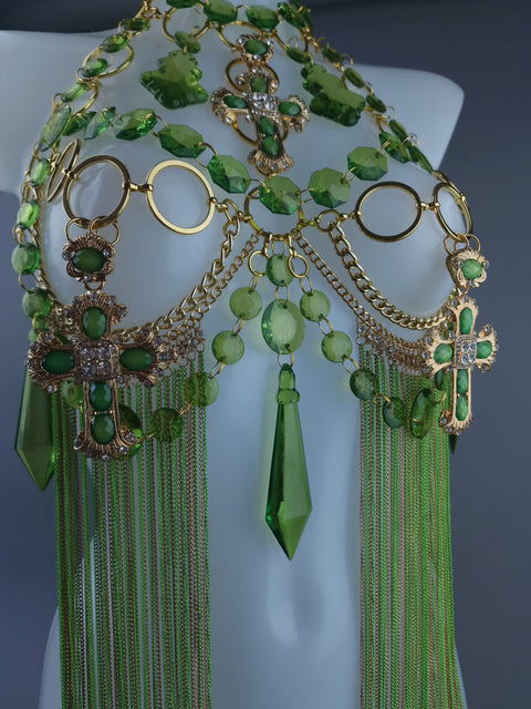 "Limelight" Green & Gold Jewel & Chain Harness – Pearls & Swine