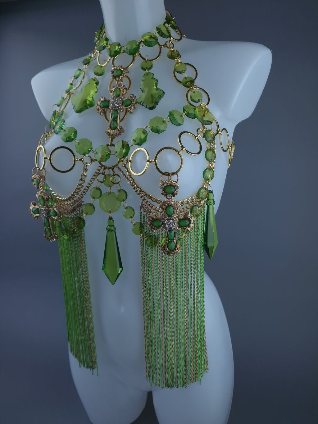 "Limelight" Green & Gold Jewel & Chain Harness – Pearls & Swine