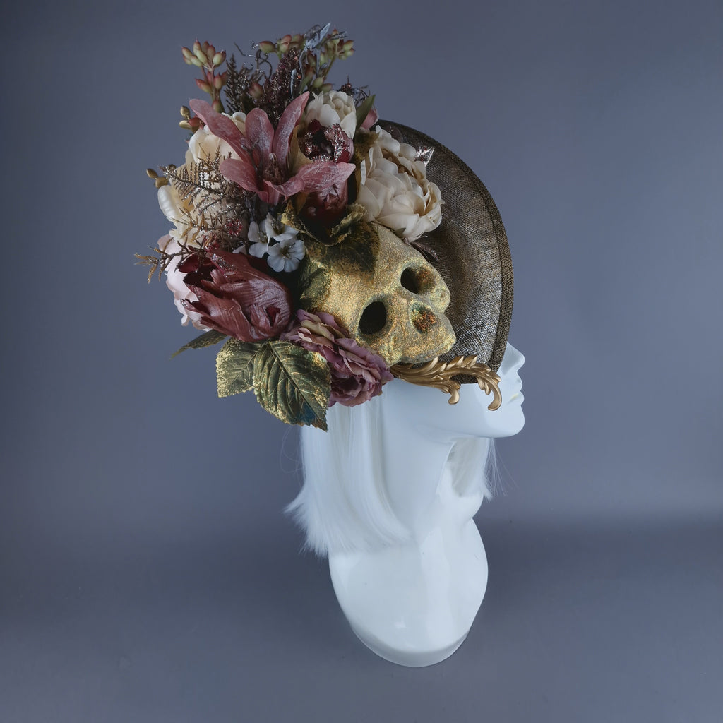 "Asura" Skull & Flower Gold & Brown Fascinator Hat – Pearls & Swine
