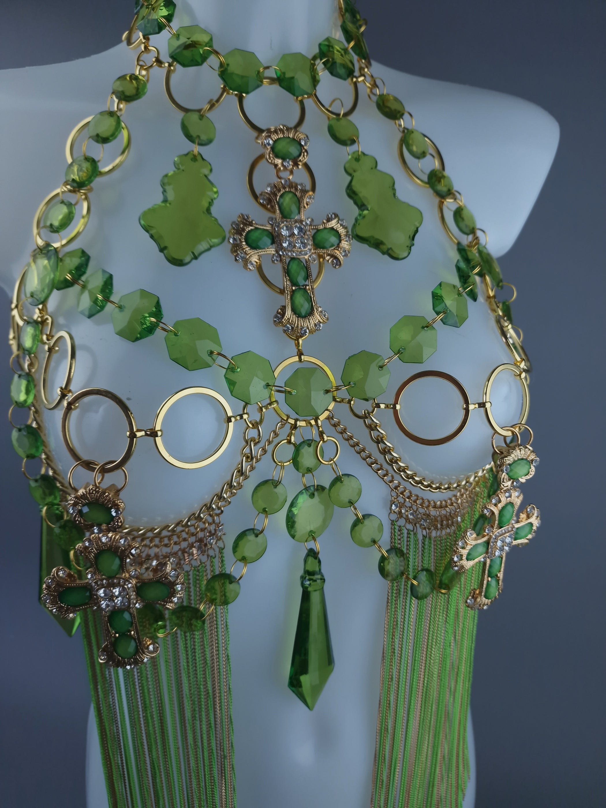 "Limelight" Green & Gold Jewel & Chain Harness – Pearls & Swine