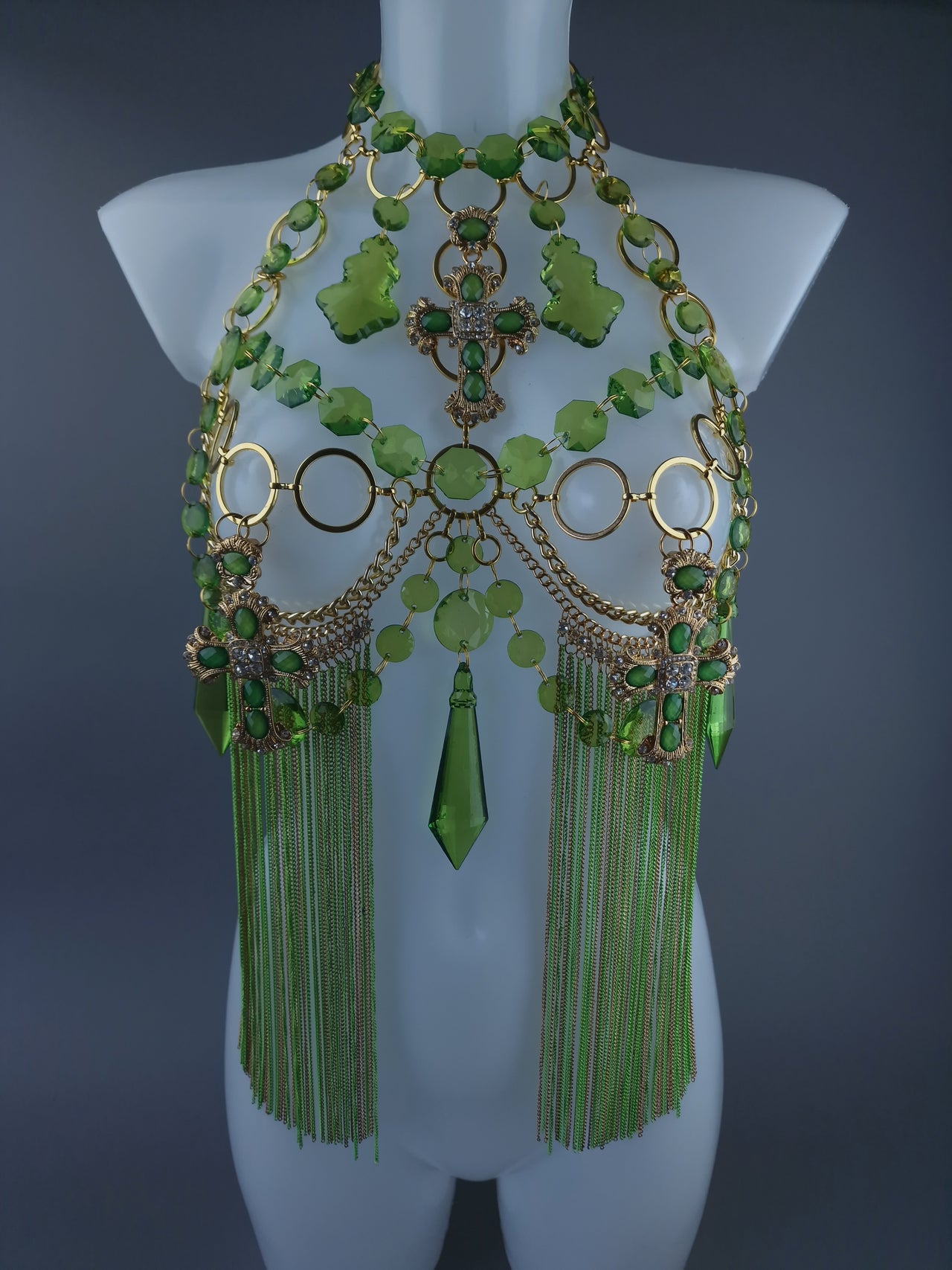 "Limelight" Green & Gold Jewel & Chain Harness – Pearls & Swine