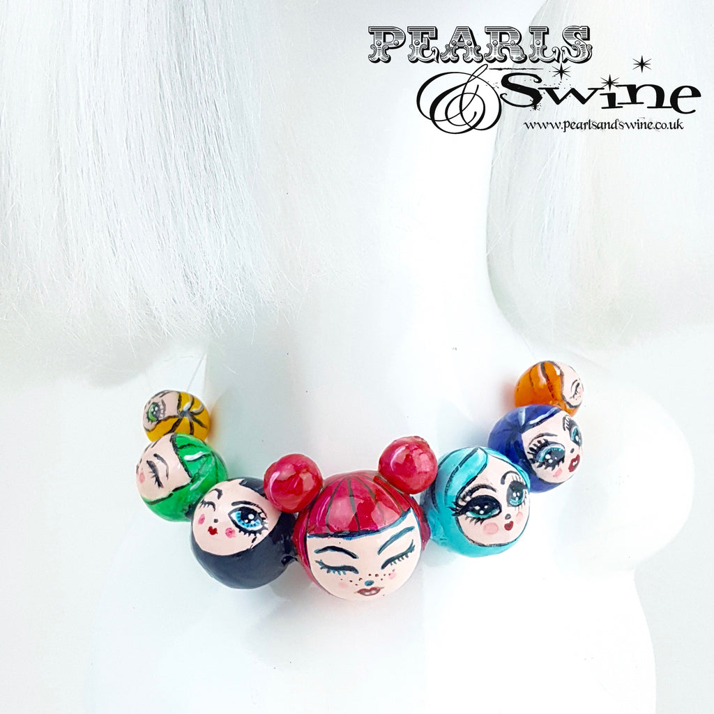 "A Ring of Poppets" Colourful DollFace Necklace – Pearls & Swine