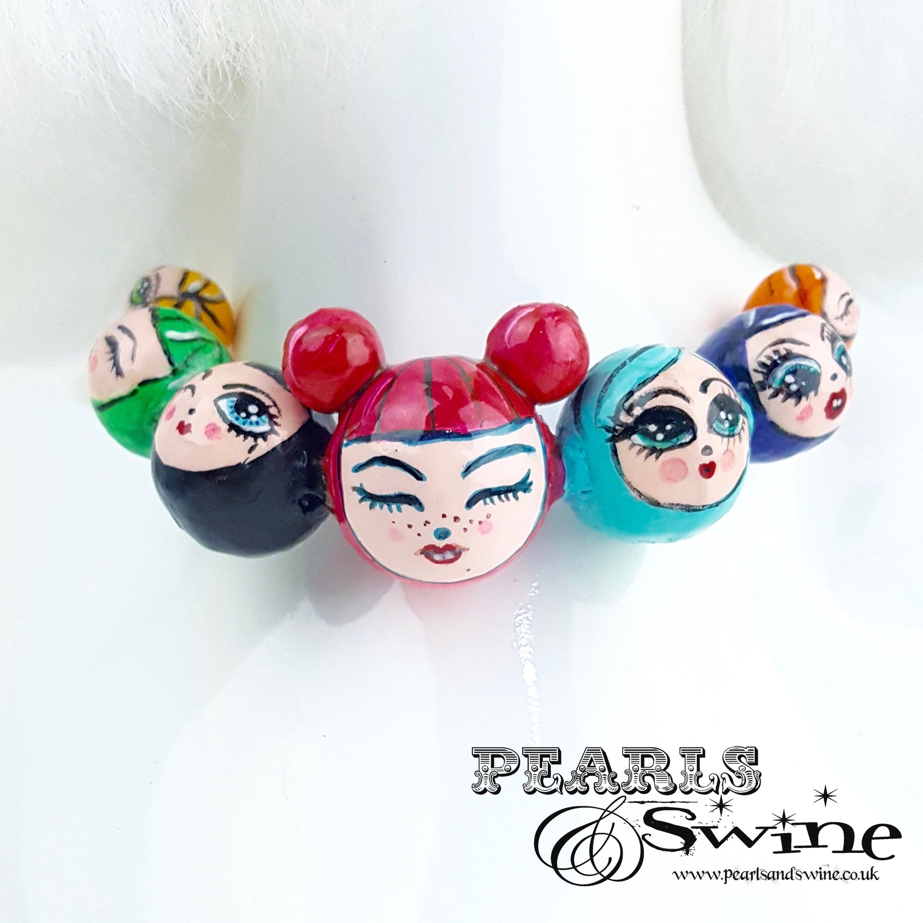 "A Ring of Poppets" Colourful DollFace Necklace – Pearls & Swine