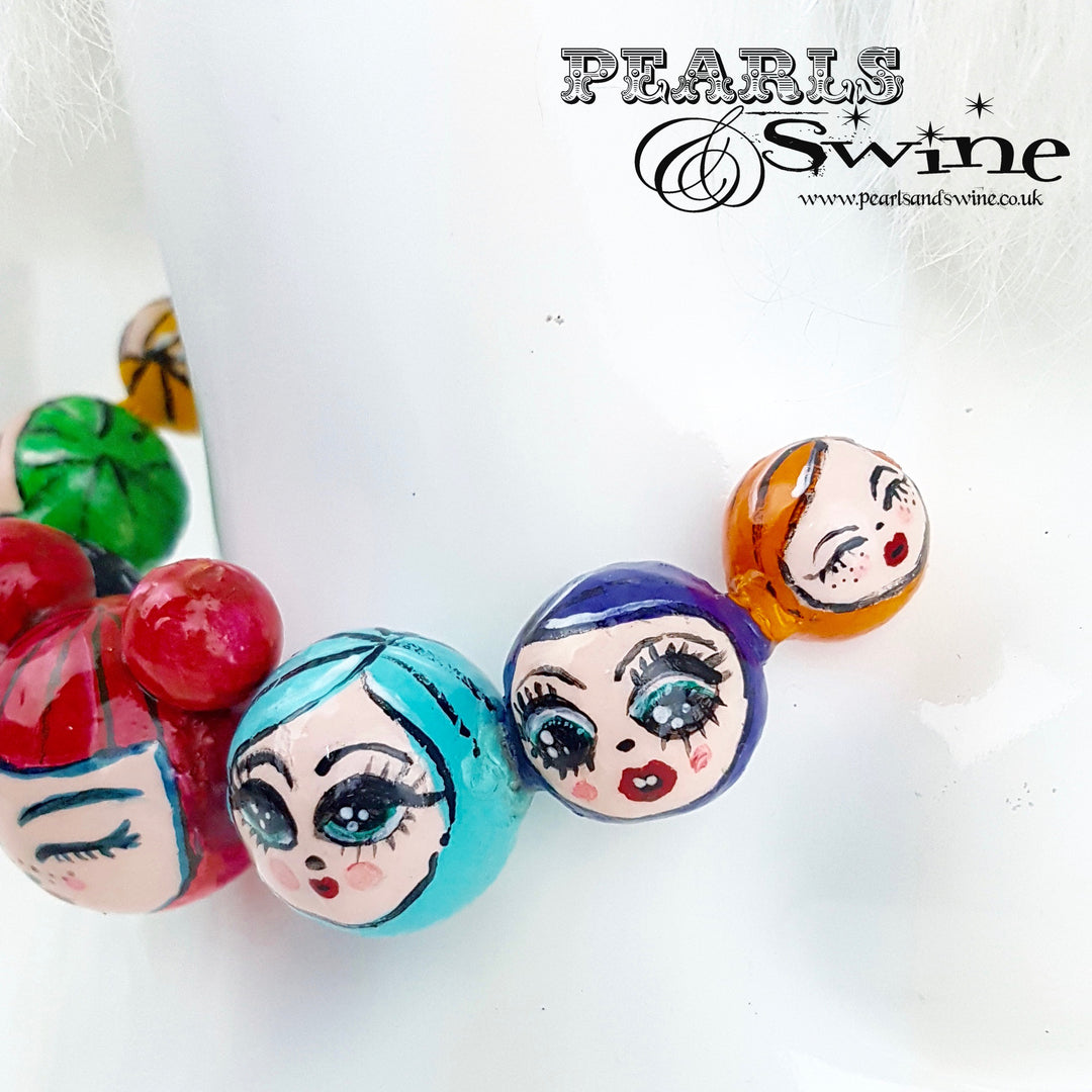 "A Ring of Poppets" Colourful DollFace Necklace – Pearls & Swine
