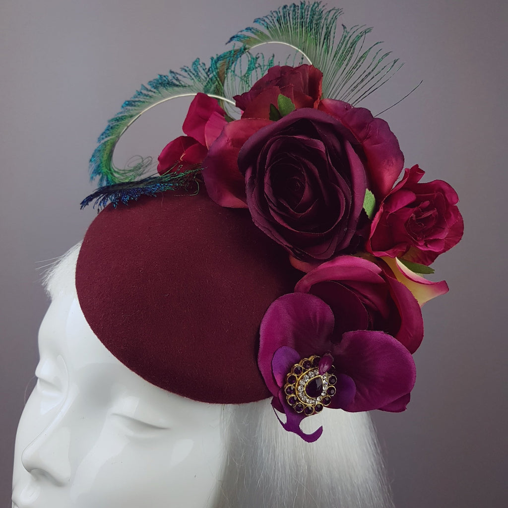 "Tiana" Deep Pink/Red Rose Headpiece with Peacock Feathers – Pearls & Swine