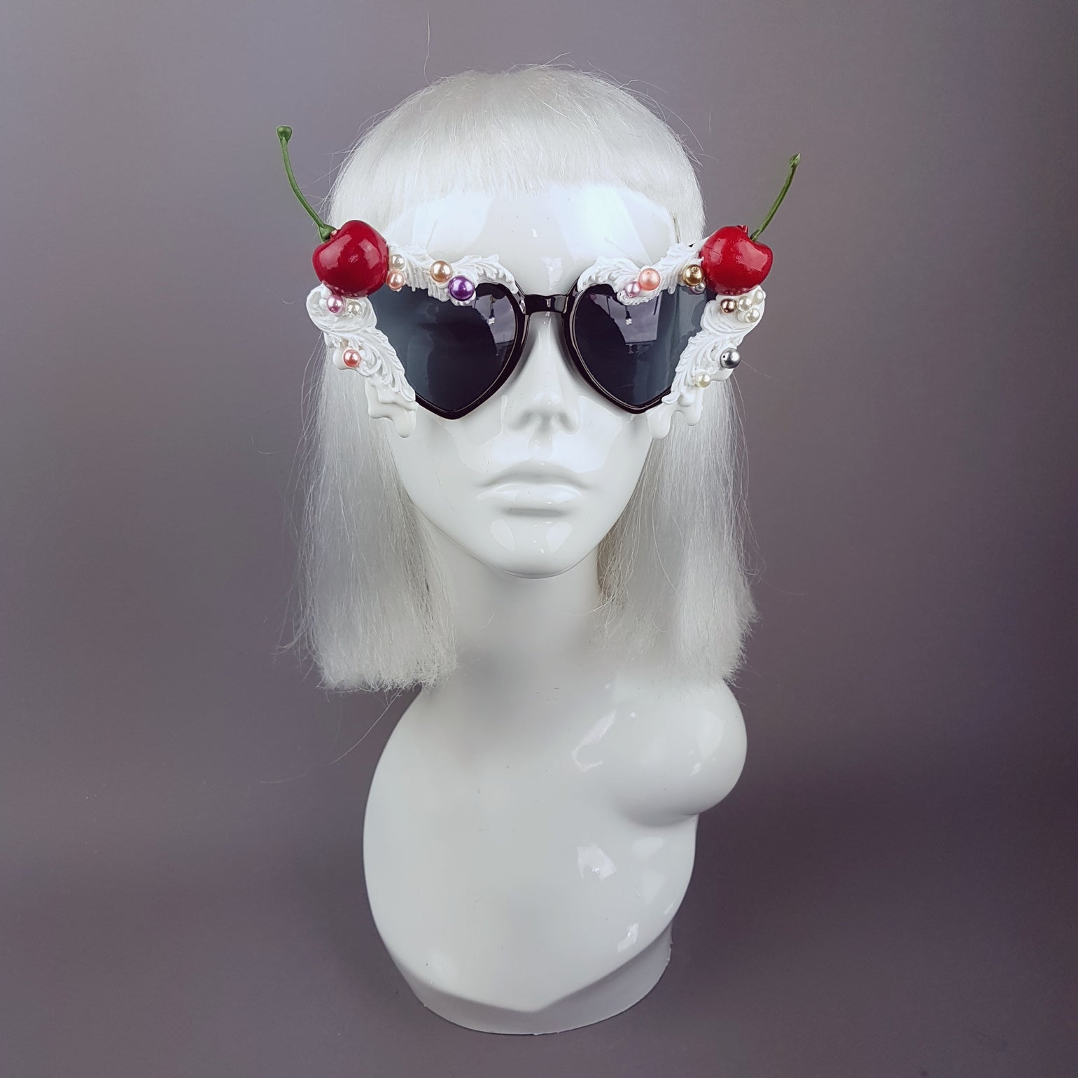"Sweet As Sin" Cherries & Cream Heart Shaped Sunglasses – Pearls & Swine
