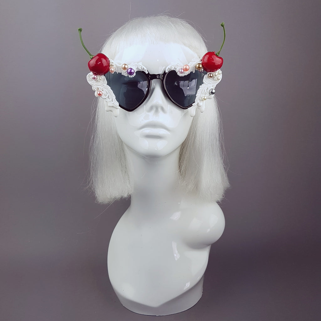 "Sweet As Sin" Cherries & Cream Heart Shaped Sunglasses – Pearls & Swine