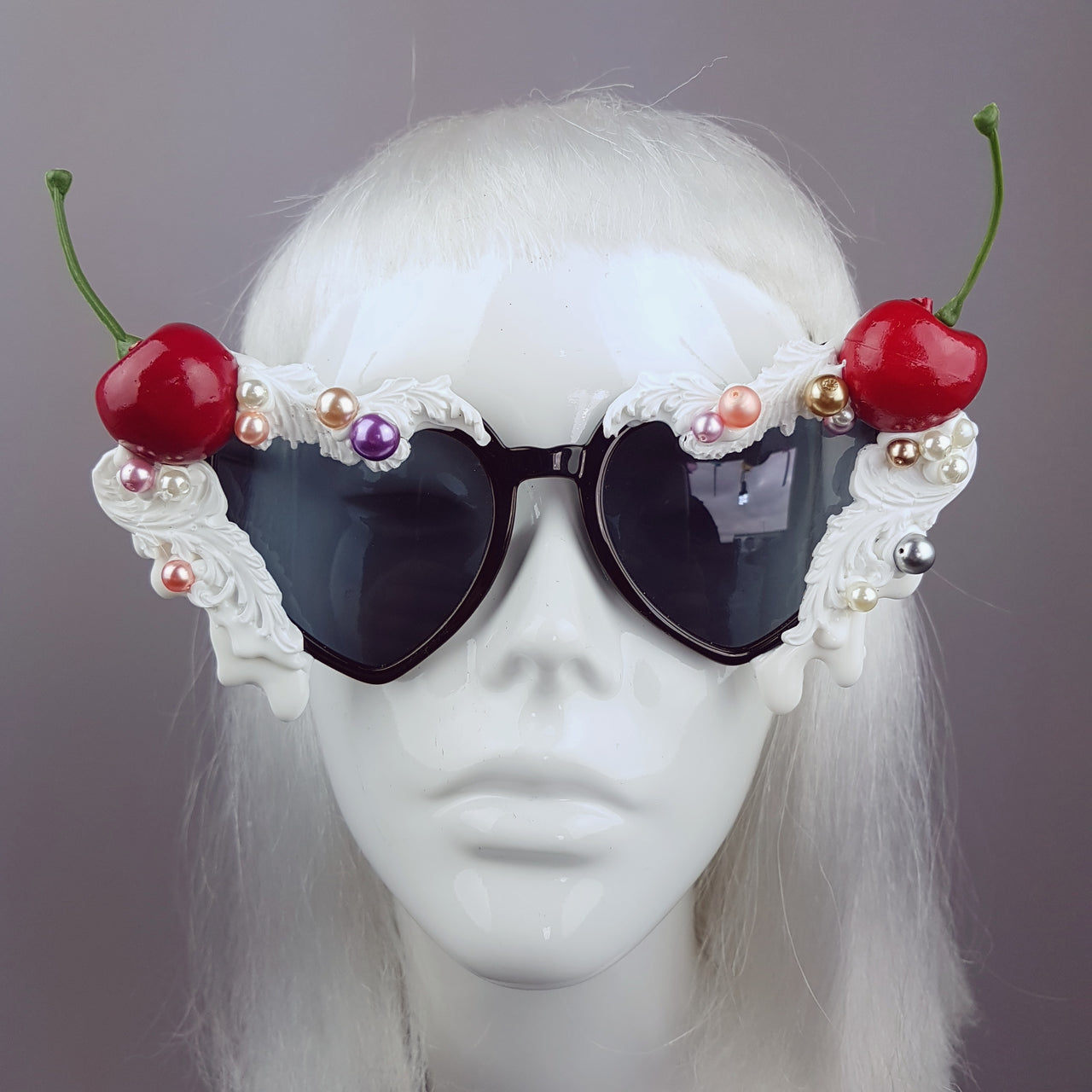 "Sweet As Sin" Cherries & Cream Heart Shaped Sunglasses – Pearls & Swine
