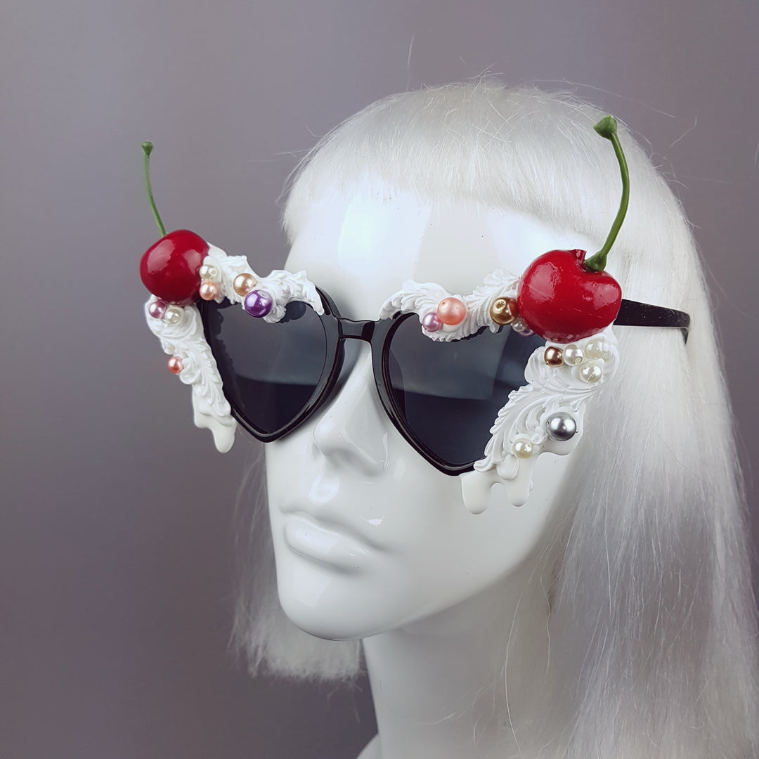 "Sweet As Sin" Cherries & Cream Heart Shaped Sunglasses – Pearls & Swine