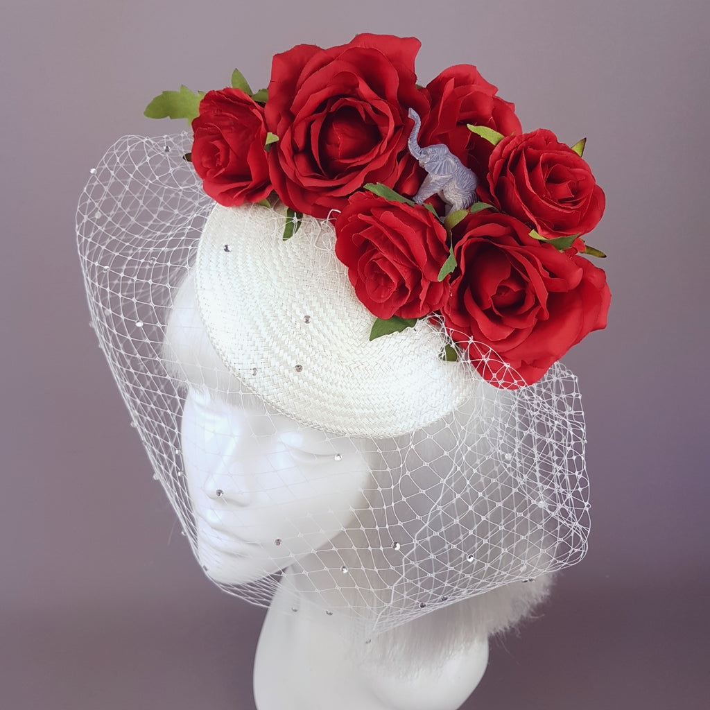 "Nellie" Red Roses & Elephant Ivory Veil Hat – Pearls & Swine