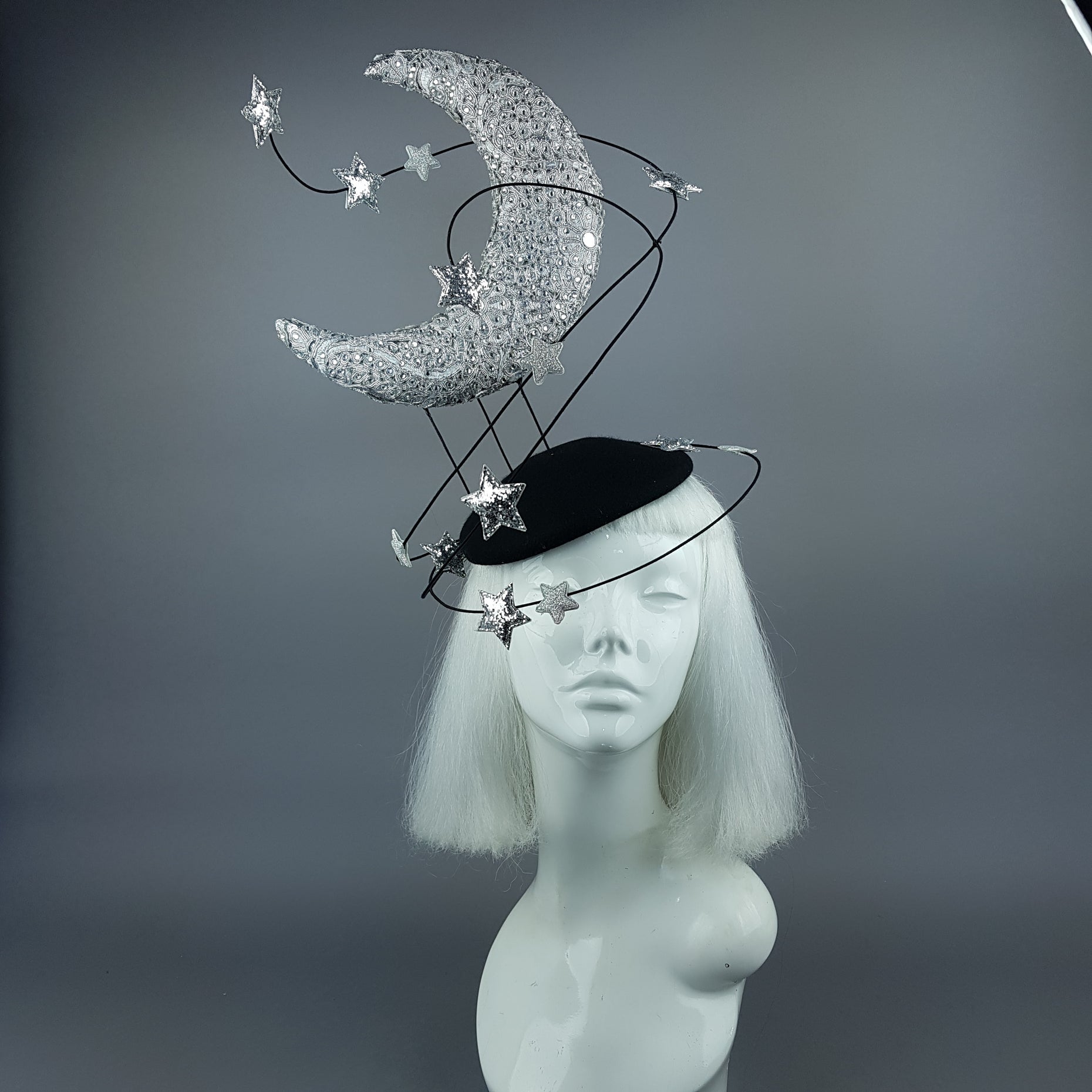 "Under The Silvery Moon" Moon & Stars Fascinator Hat – Pearls & Swine