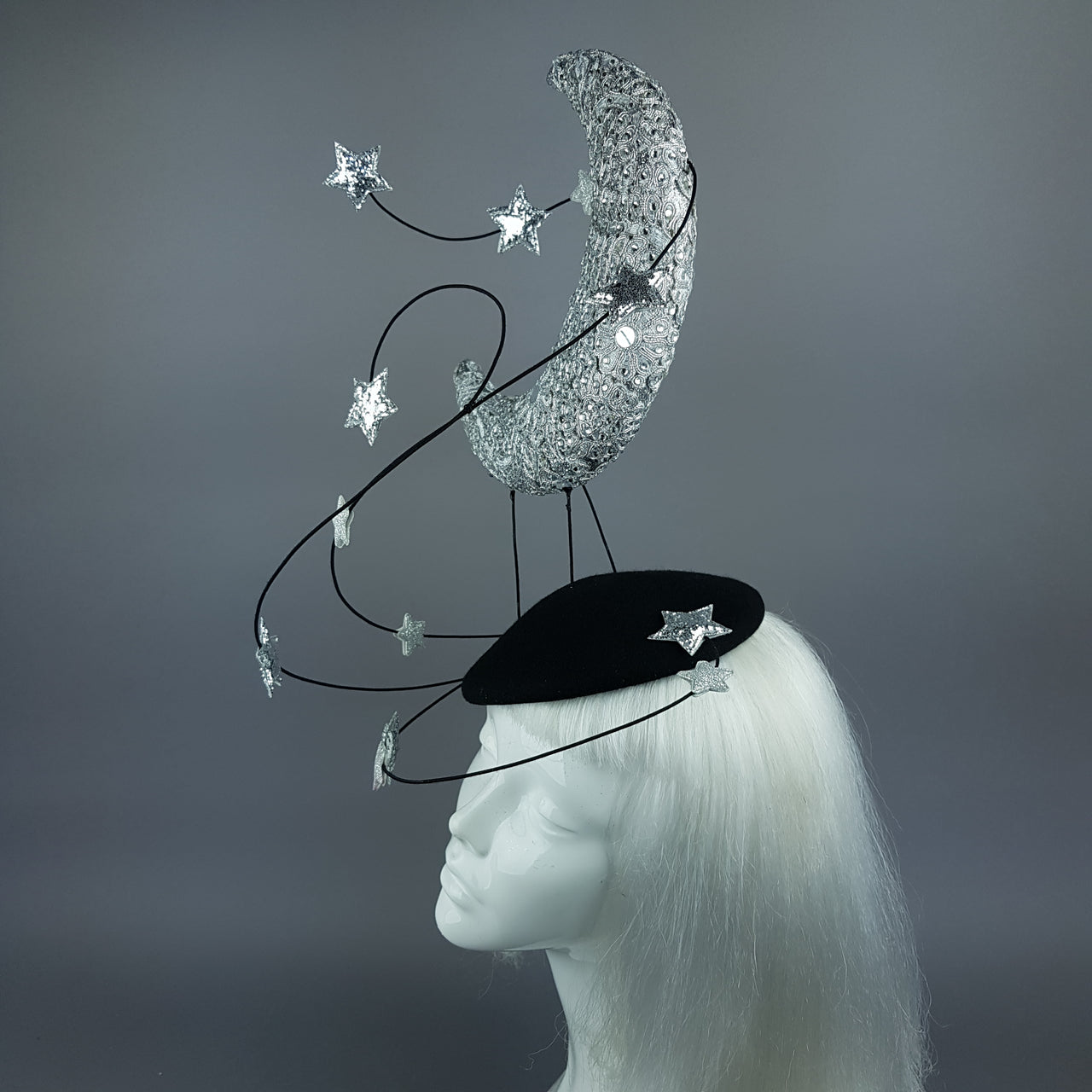 "Under The Silvery Moon" Moon & Stars Fascinator Hat – Pearls & Swine