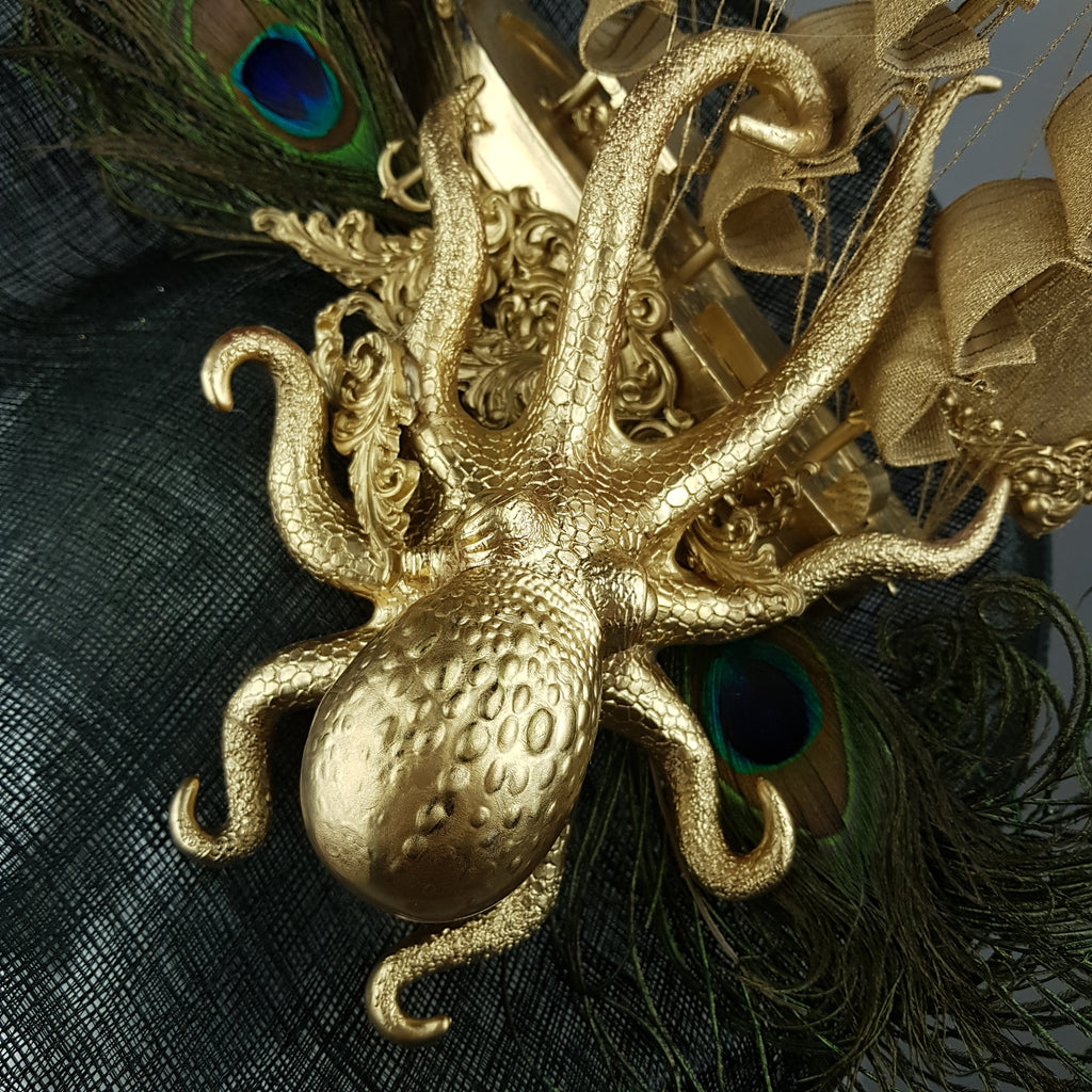 "Ira" Gold Ship, Octopus, Filigree & Peacock Feather Fascinator Hat ...