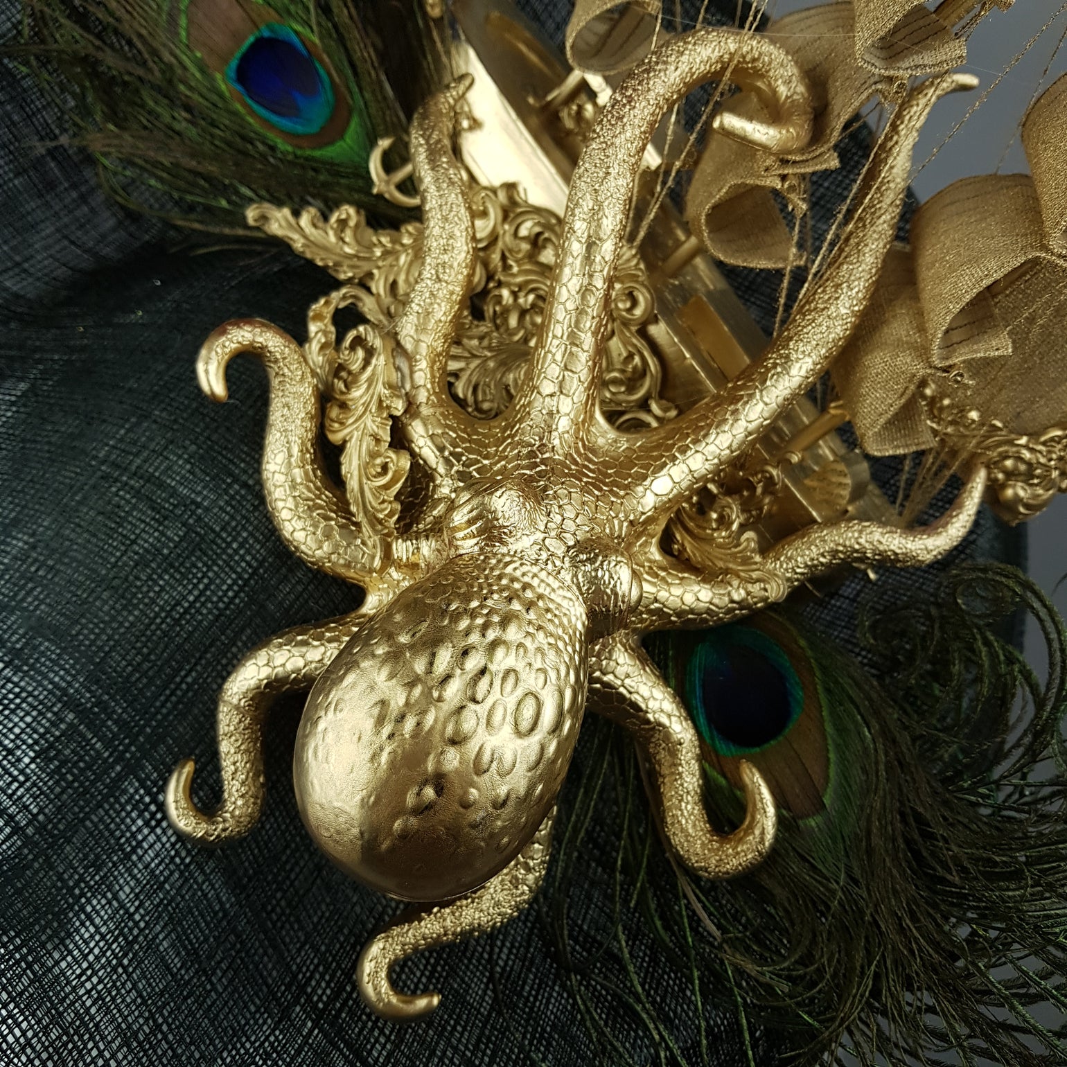 "Ira" Gold Ship, Octopus, Filigree & Peacock Feather Fascinator Hat ...