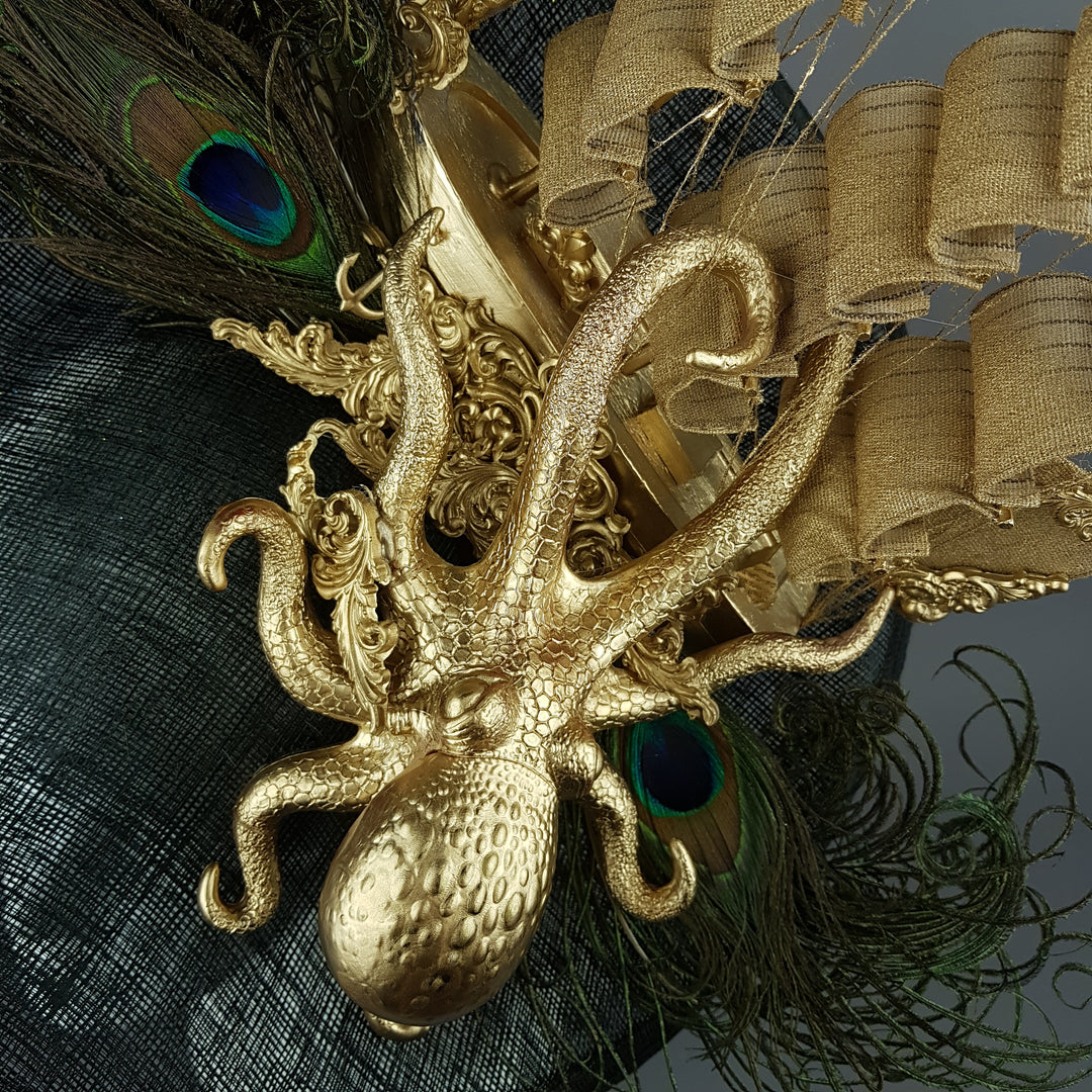 "Ira" Gold Ship, Octopus, Filigree & Peacock Feather Fascinator Hat ...