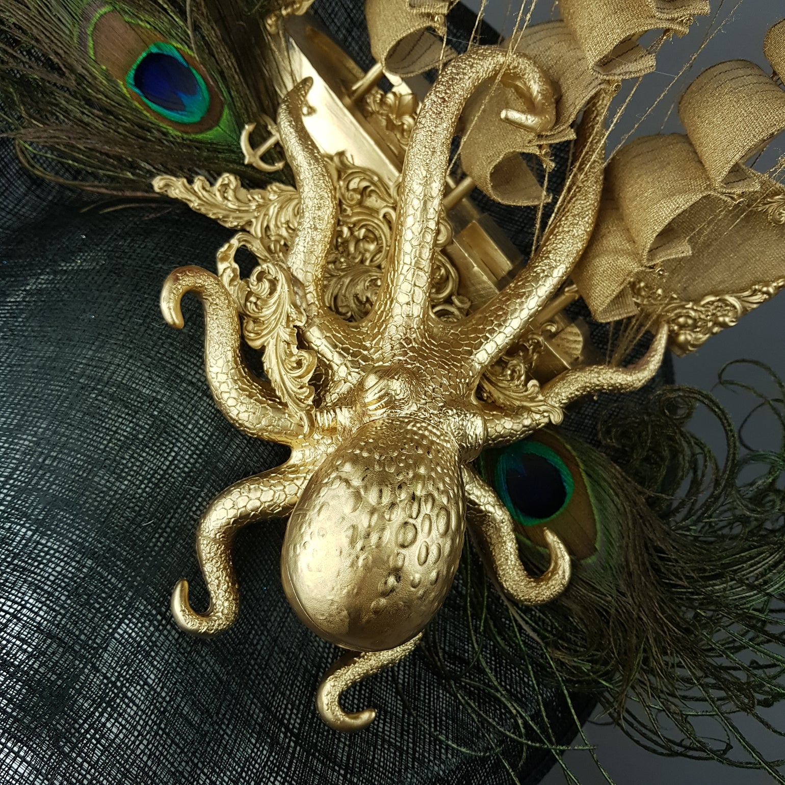 "Ira" Gold Ship, Octopus, Filigree & Peacock Feather Fascinator Hat ...