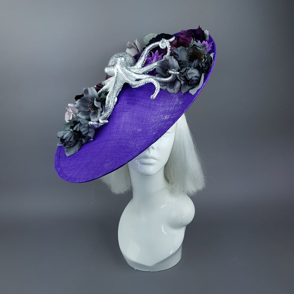 "Marcellina" Silver Octopus & Purple Flowers Hat – Pearls & Swine