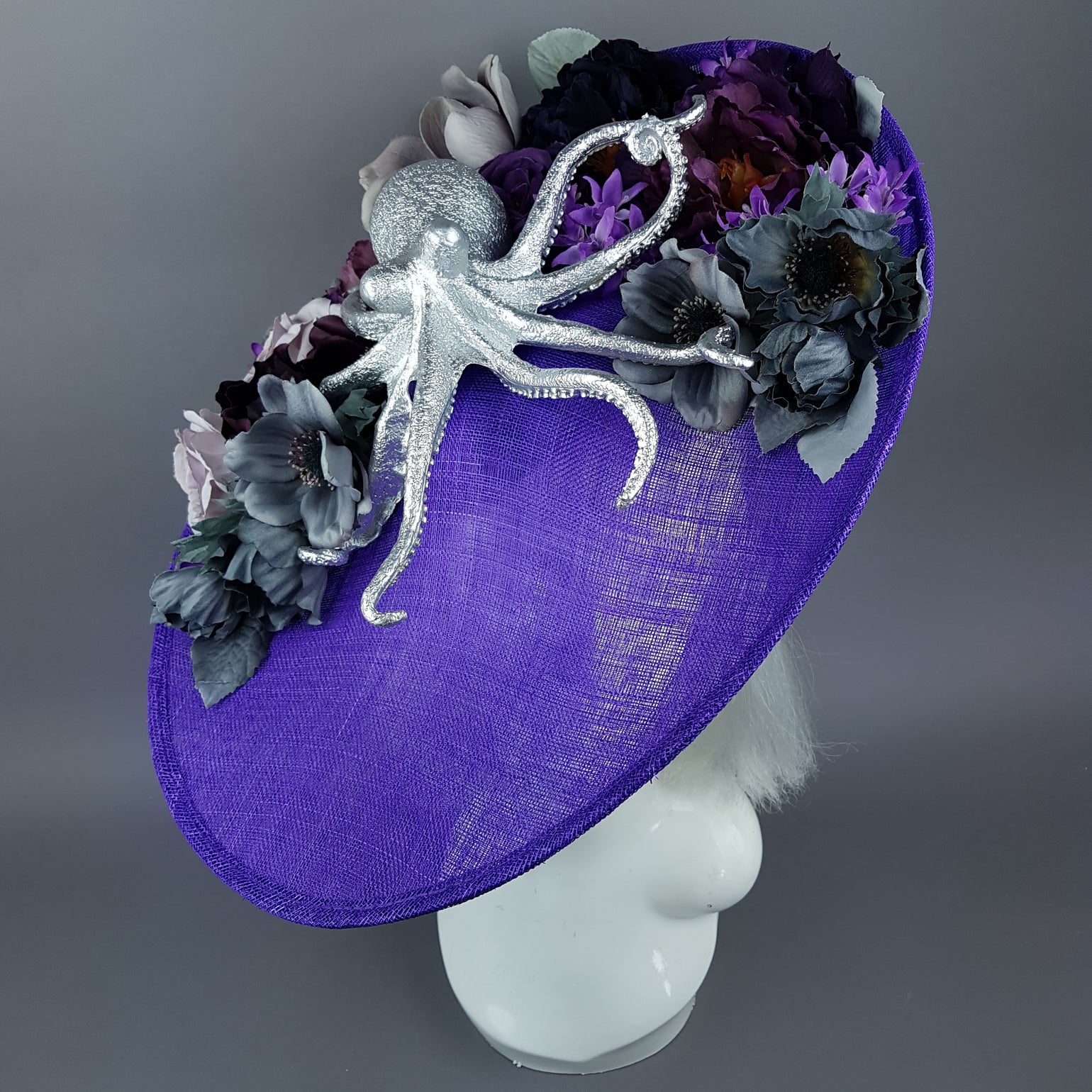 "Marcellina" Silver Octopus & Purple Flowers Hat – Pearls & Swine