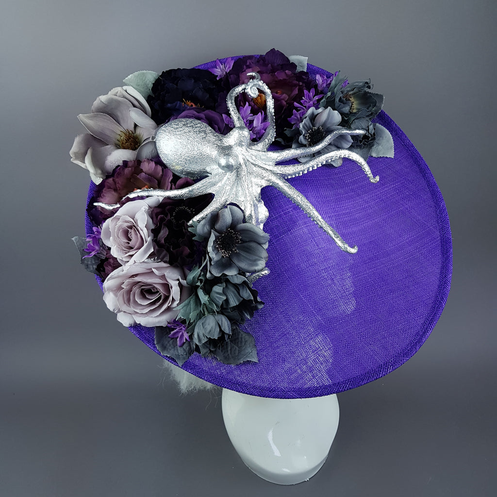 "Marcellina" Silver Octopus & Purple Flowers Hat – Pearls & Swine