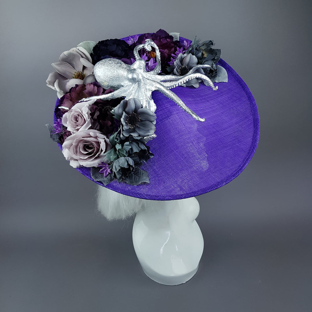 "Marcellina" Silver Octopus & Purple Flowers Hat – Pearls & Swine