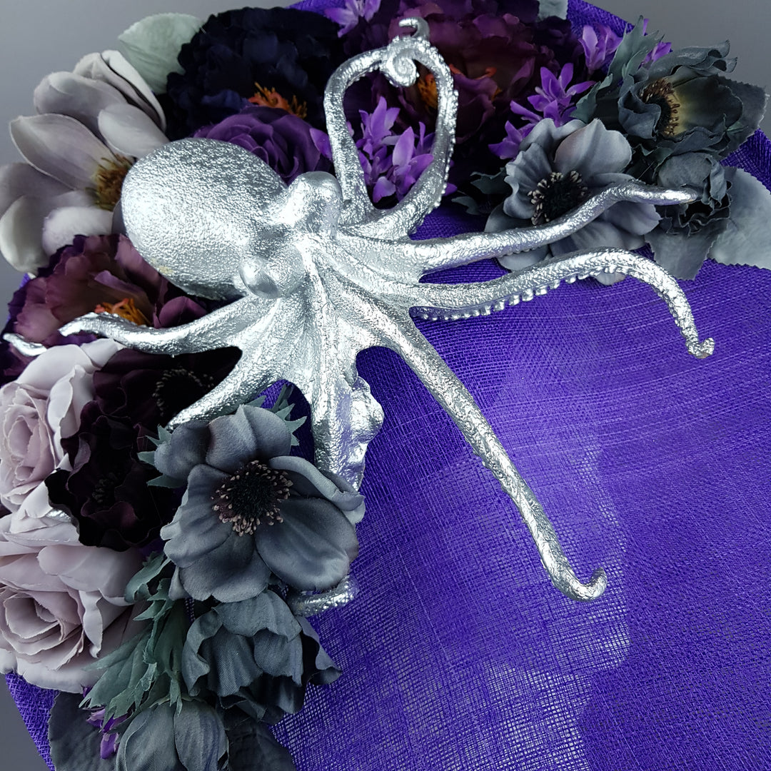 "Marcellina" Silver Octopus & Purple Flowers Hat – Pearls & Swine