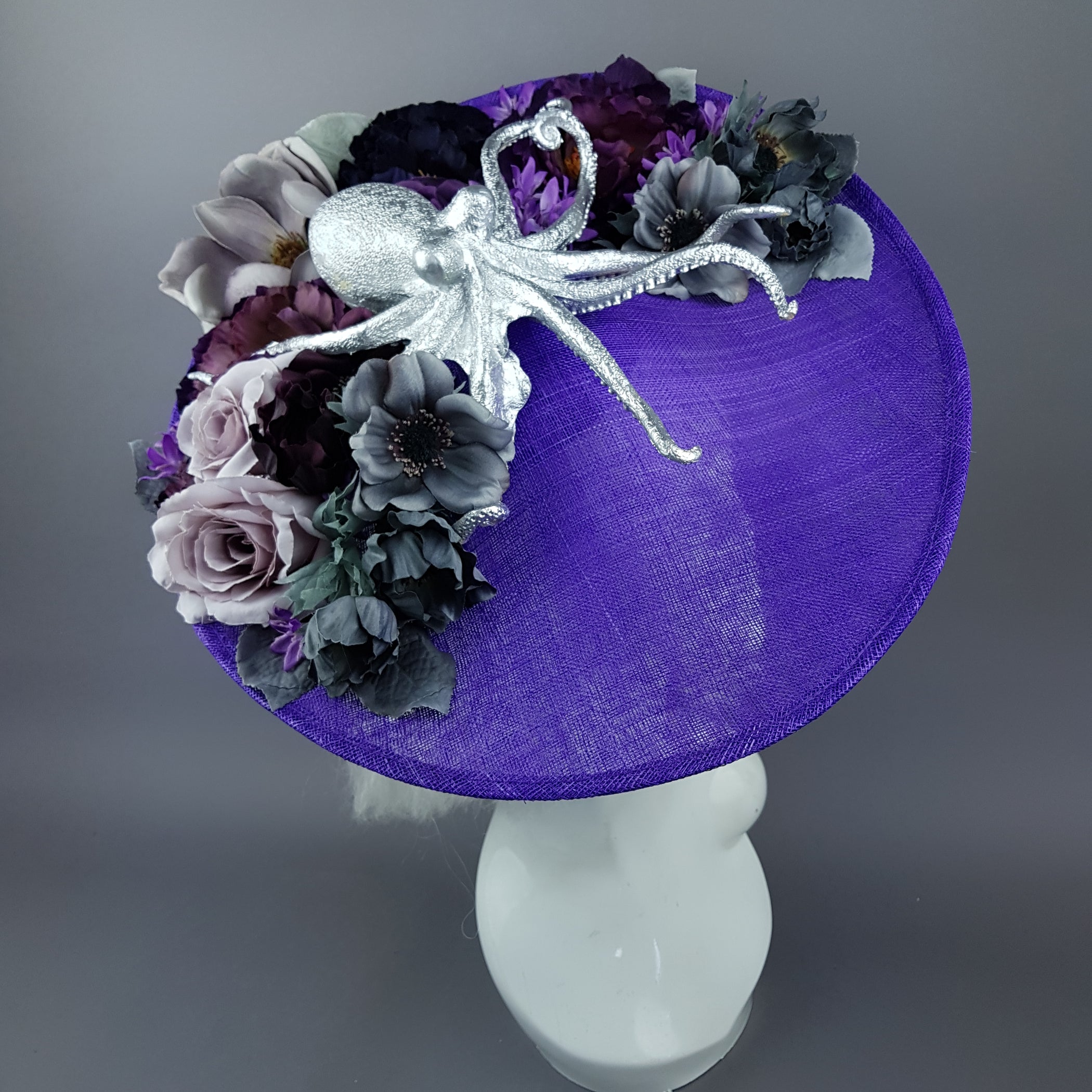 "Marcellina" Silver Octopus & Purple Flowers Hat – Pearls & Swine
