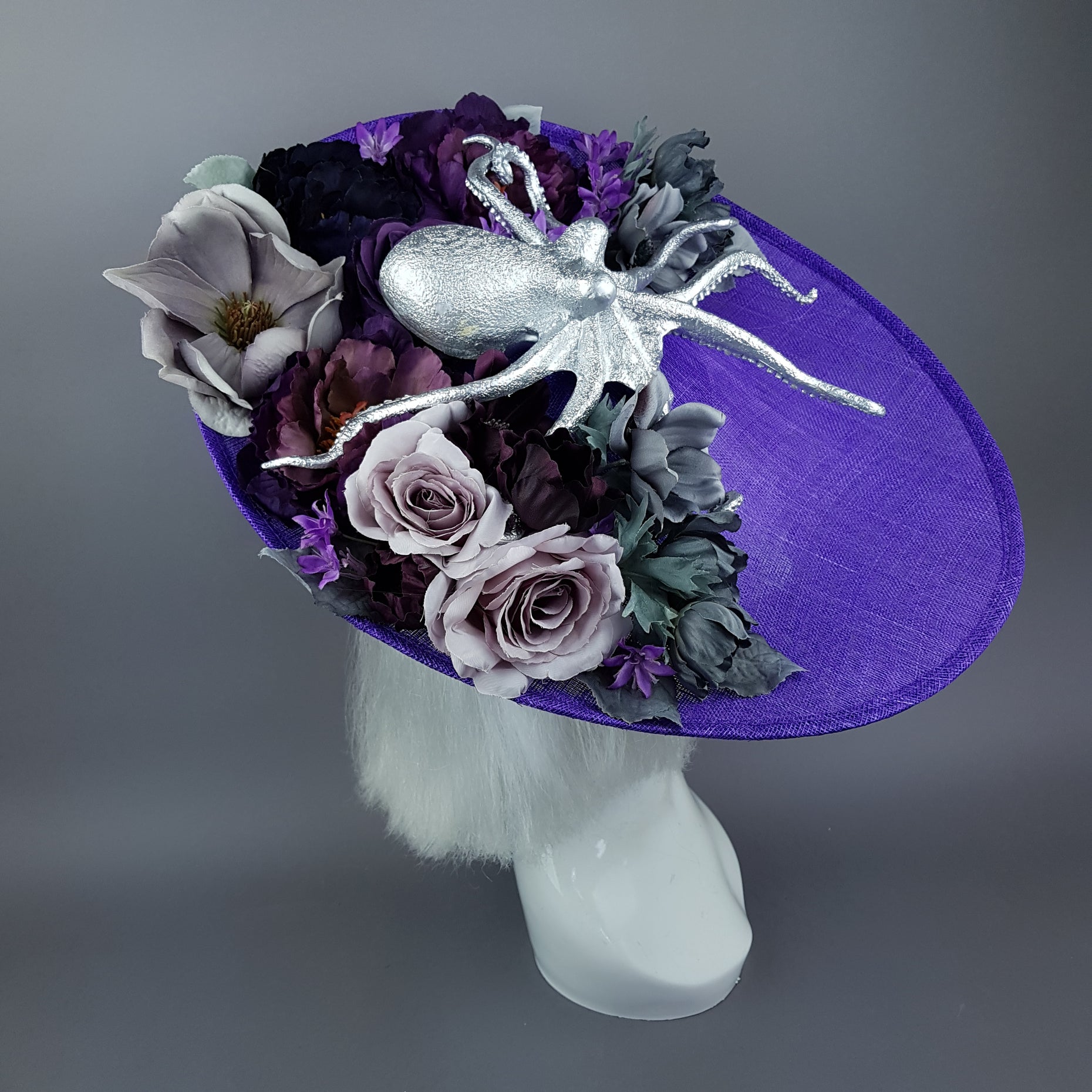 "Marcellina" Silver Octopus & Purple Flowers Hat – Pearls & Swine