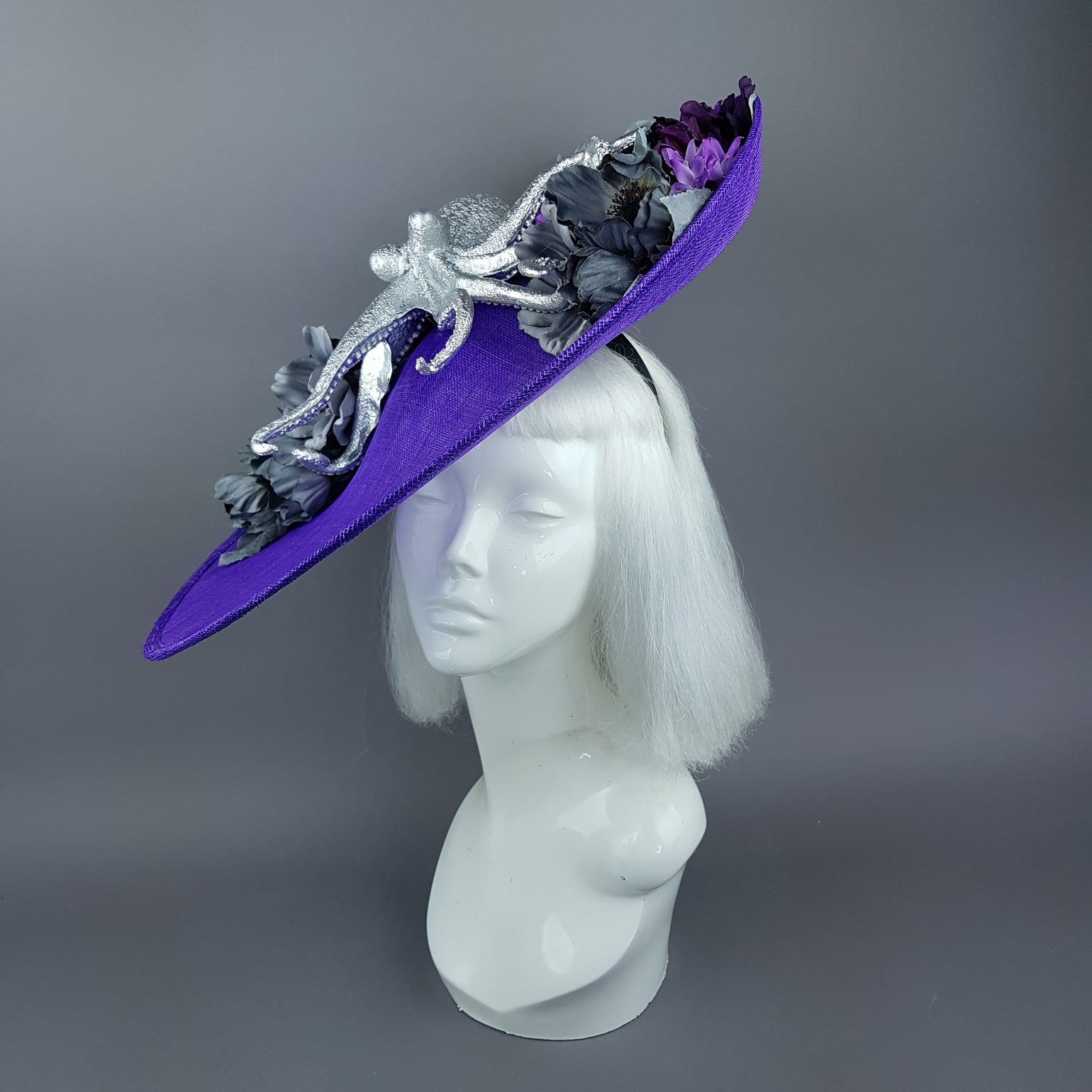 "Marcellina" Silver Octopus & Purple Flowers Hat – Pearls & Swine