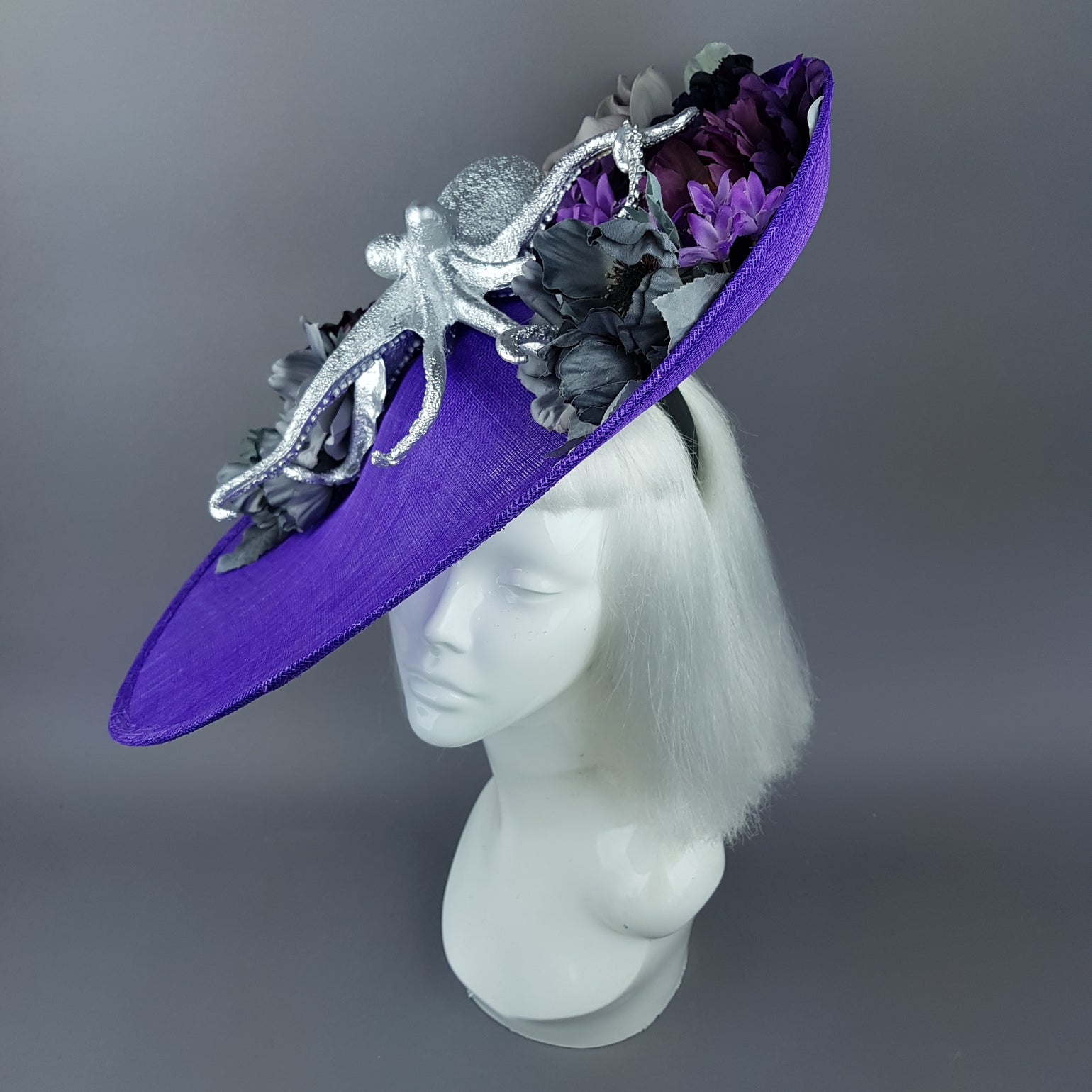 "Marcellina" Silver Octopus & Purple Flowers Hat – Pearls & Swine