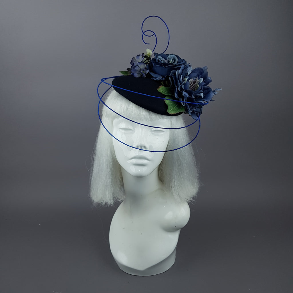 "Radella" Blue Flower & Wired Veil Fascinator Hat – Pearls & Swine