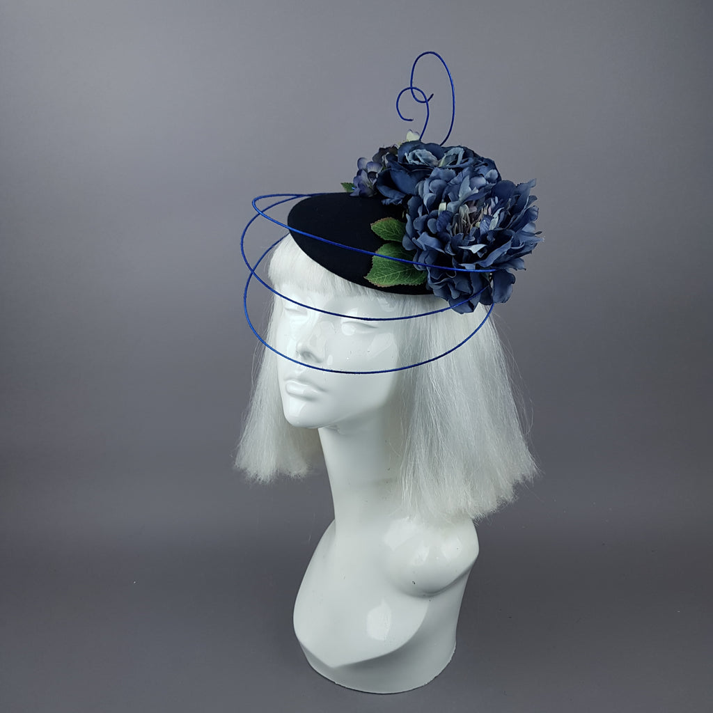 "Radella" Blue Flower & Wired Veil Fascinator Hat – Pearls & Swine